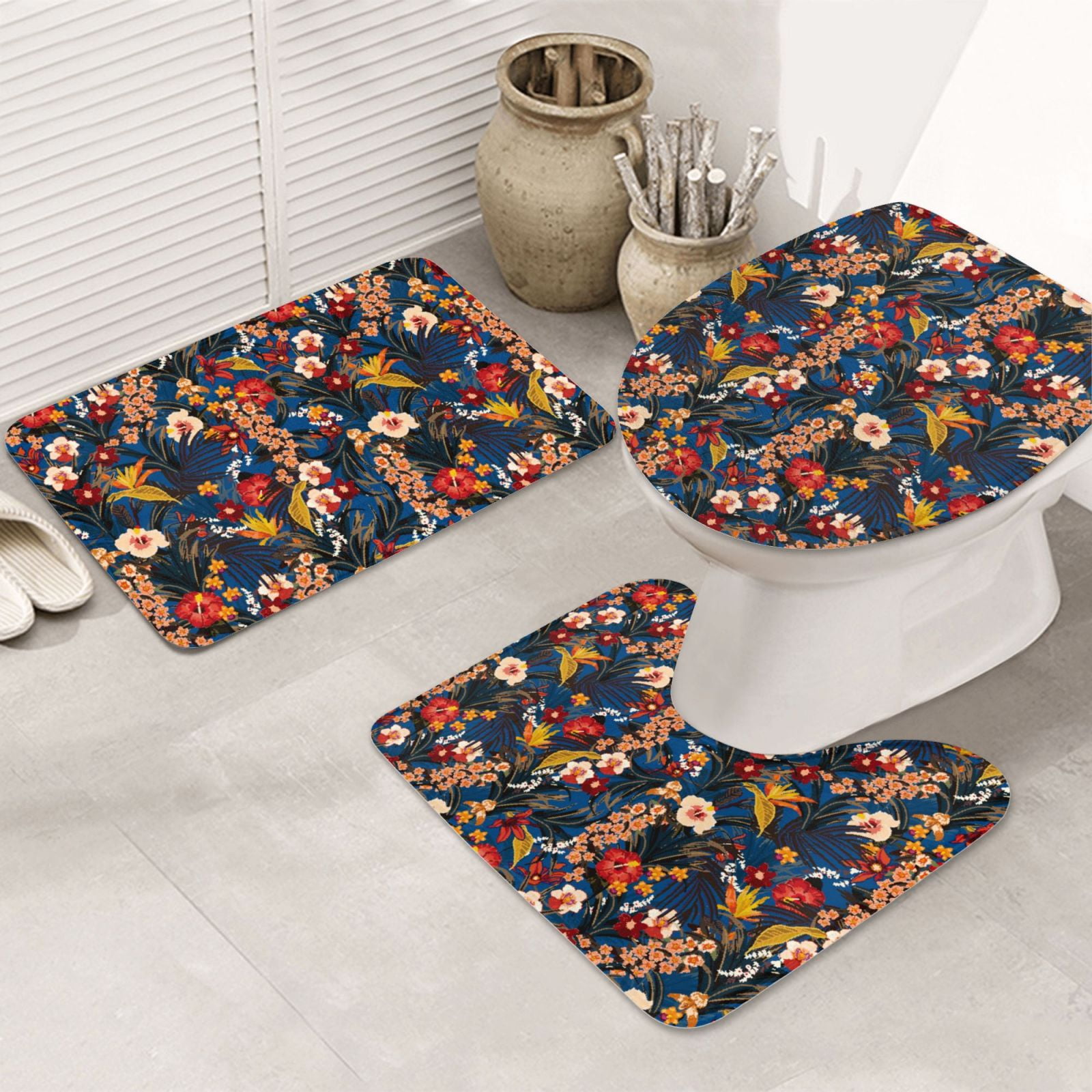Bathroom Rugs Set 3 Piece - Hawaiian Style Colorful Flowers, Non-Slip ...