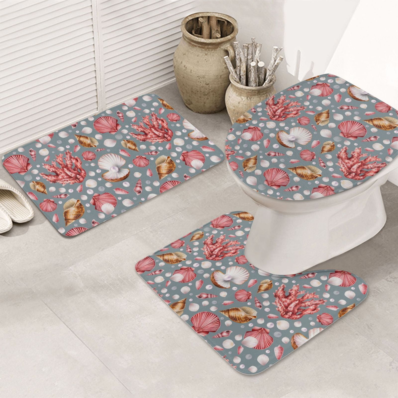 Bathroom Rugs Set 3 Piece - Hot Pink Scalloped Coral, Non-Slip Bath ...
