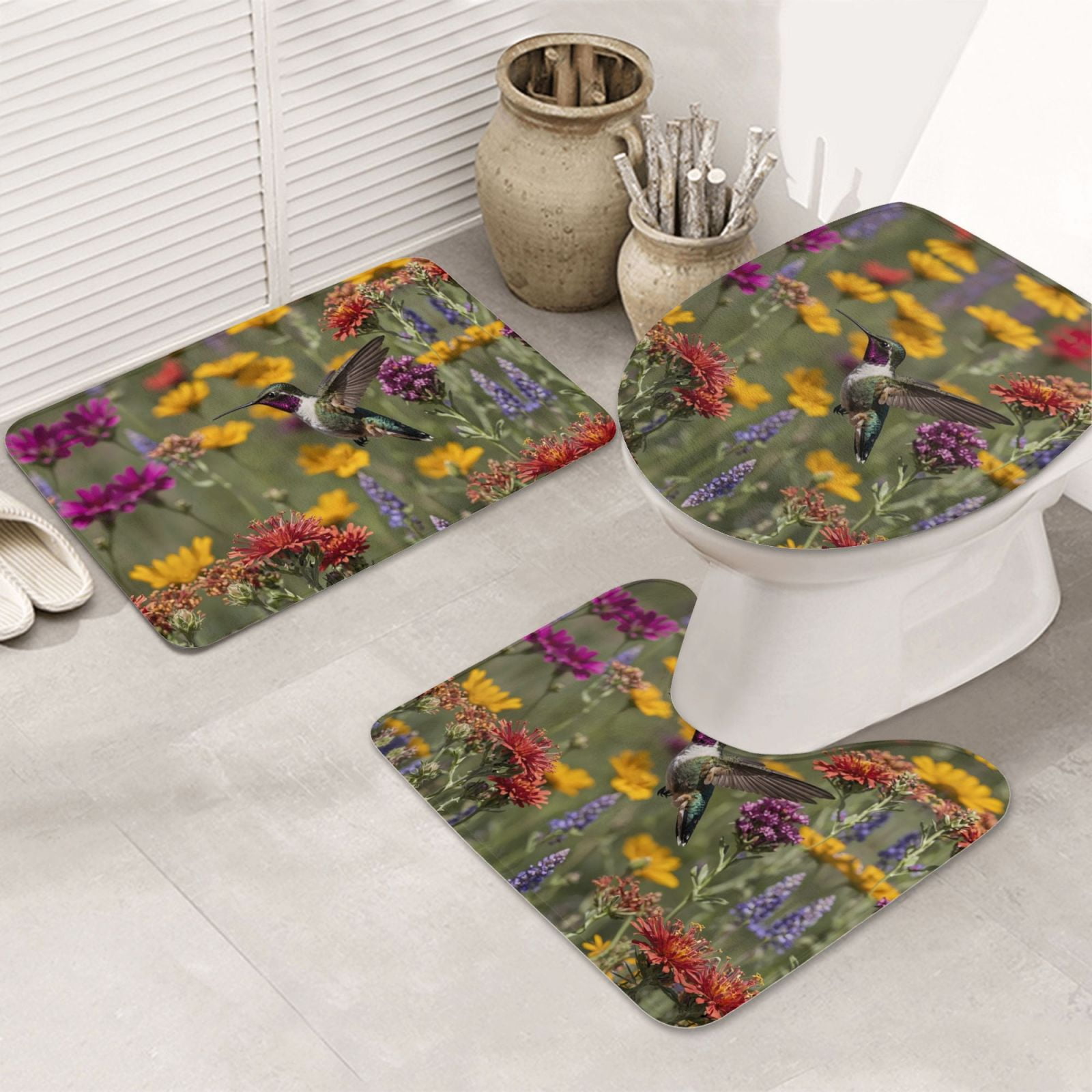 Bathroom Rugs Set 3 Piece - Humming Bird, Non-Slip Bath Mats, Toilet ...
