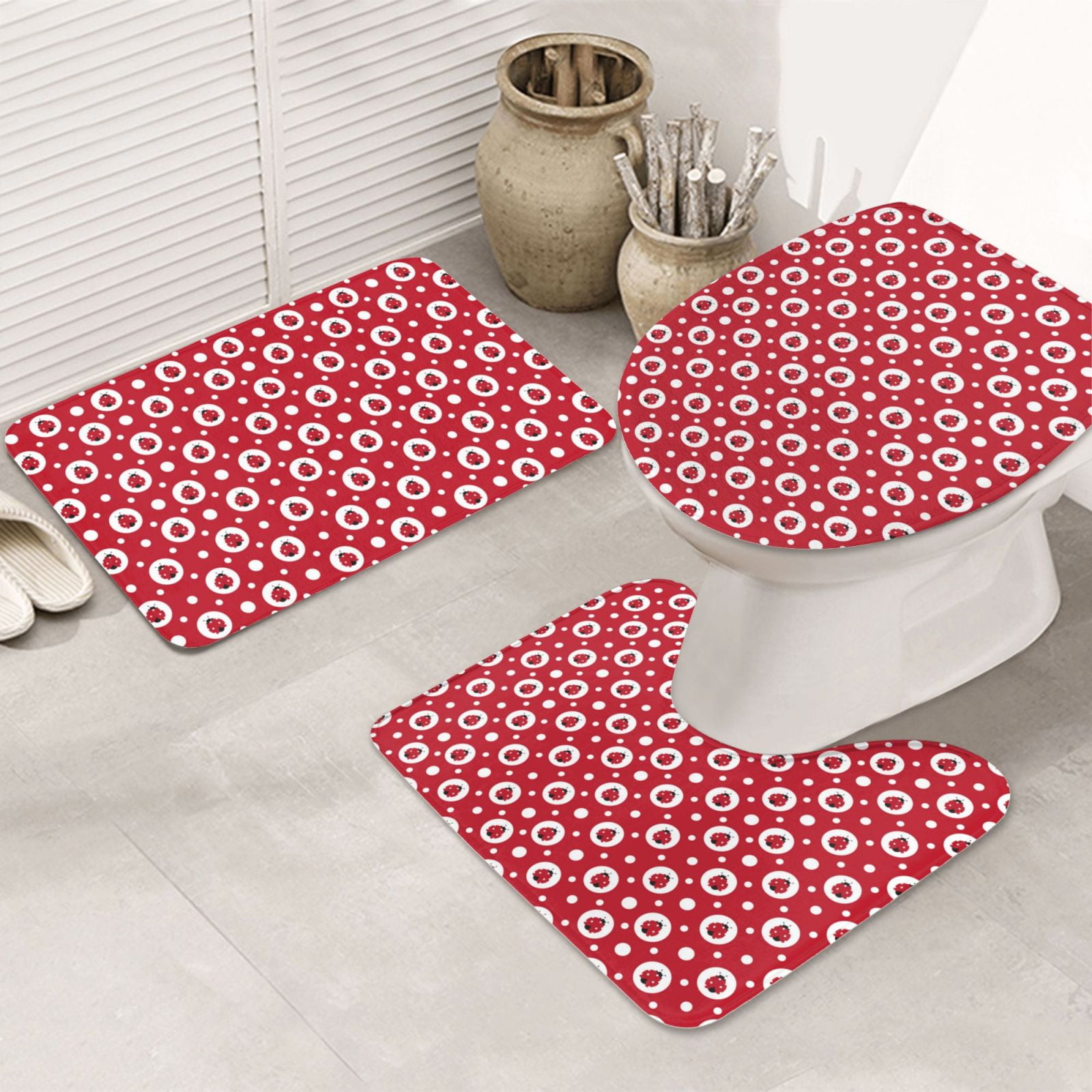 Bathroom Rugs Set 3 Piece - Ladybugs And White Dots, Non-Slip Bath Mats ...