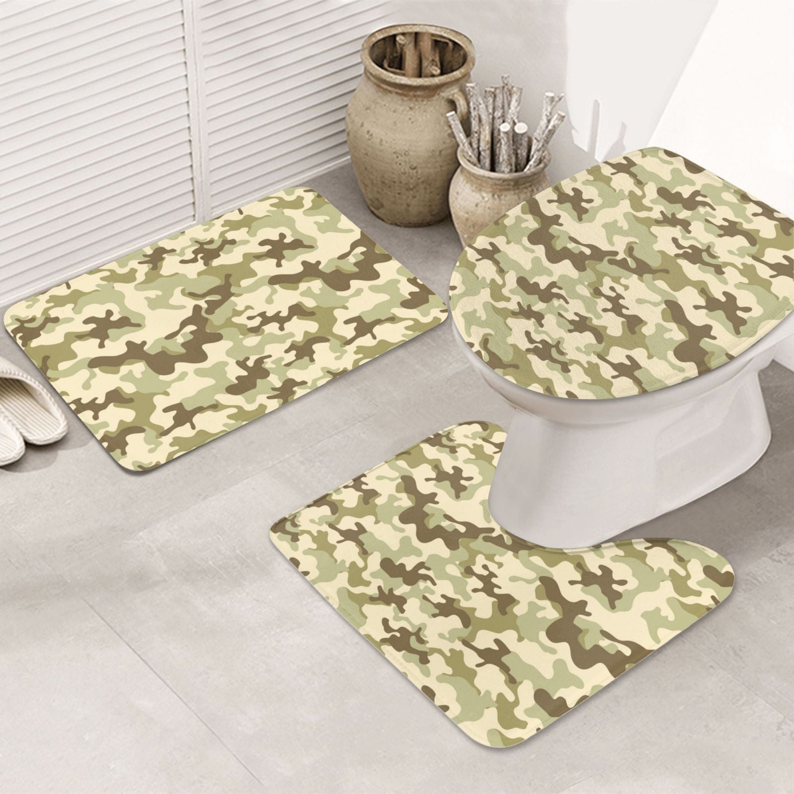 Bathroom Rugs Set 3 Piece - Light Green Camouflage, Non-Slip Bath Mats ...