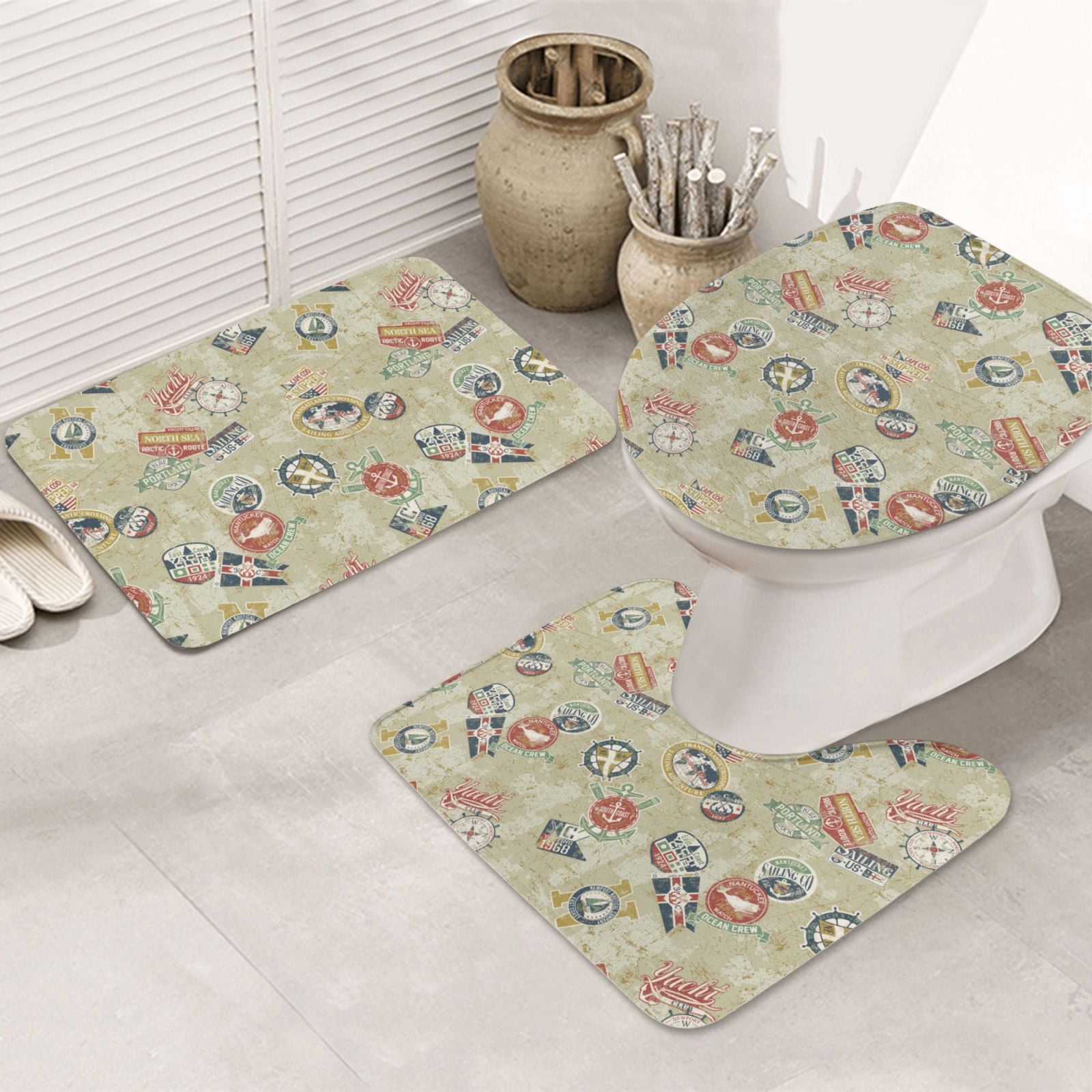 Bathroom Rugs Set 3 Piece - Marine Sailing Badges, Non-Slip Bath Mats ...