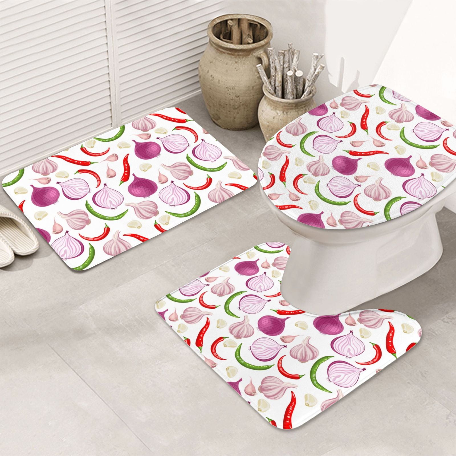Bathroom Rugs Set 3 Piece - Onion garlic bell pepper, Non-Slip Bath ...