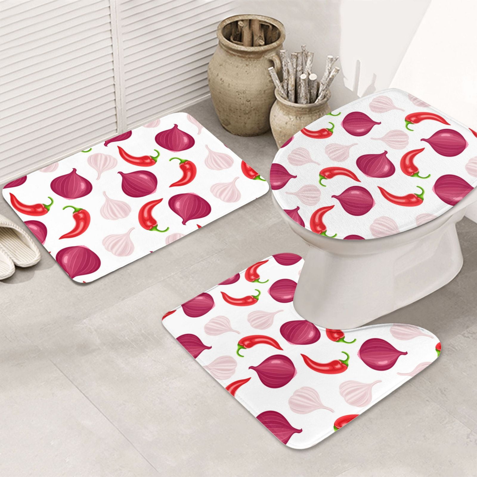 Bathroom Rugs Set 3 Piece - Onion red chili, Non-Slip Bath Mats, Toilet ...