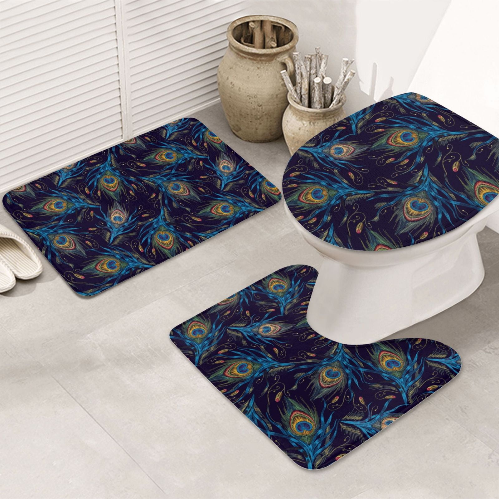 Bathroom Rugs Set 3 Piece - Peacock Feathers, Non-Slip Bath Mats ...