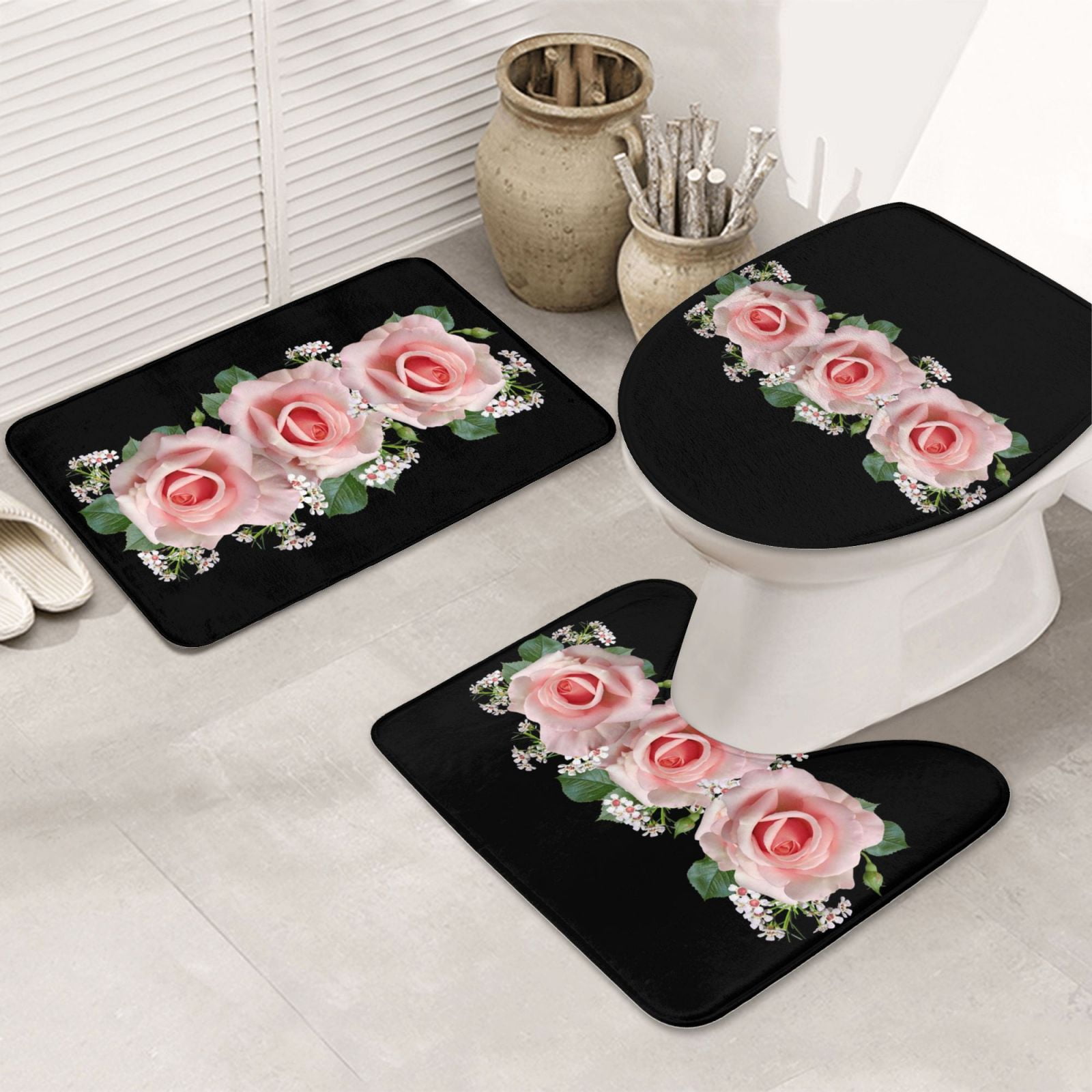Bathroom Rugs Set 3 Piece - Pink Roses, Non-Slip Bath Mats, Toilet Lid ...