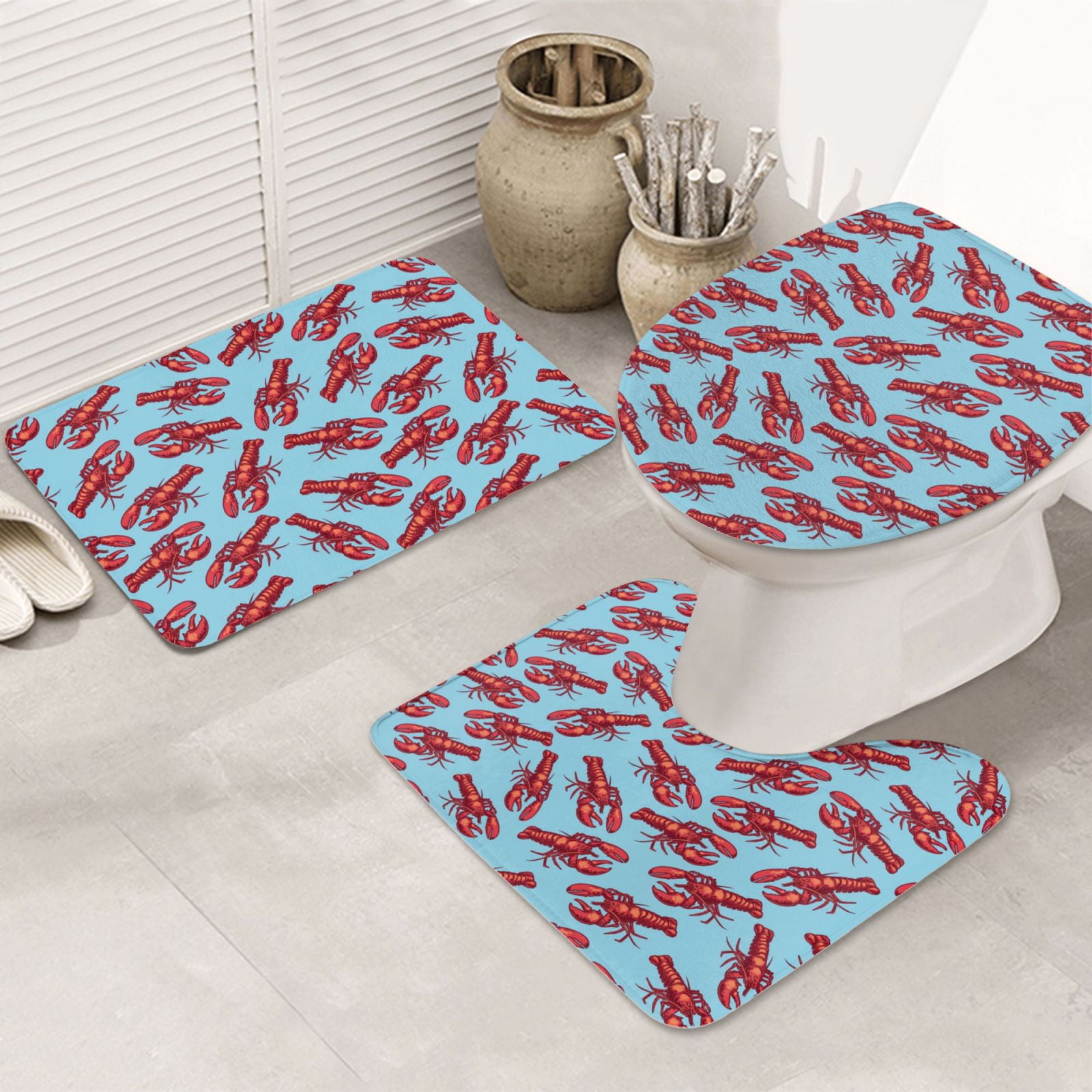 Bathroom Rugs Set 3 Piece - Red Lobster Print Blue, Non-Slip Bath Mats ...
