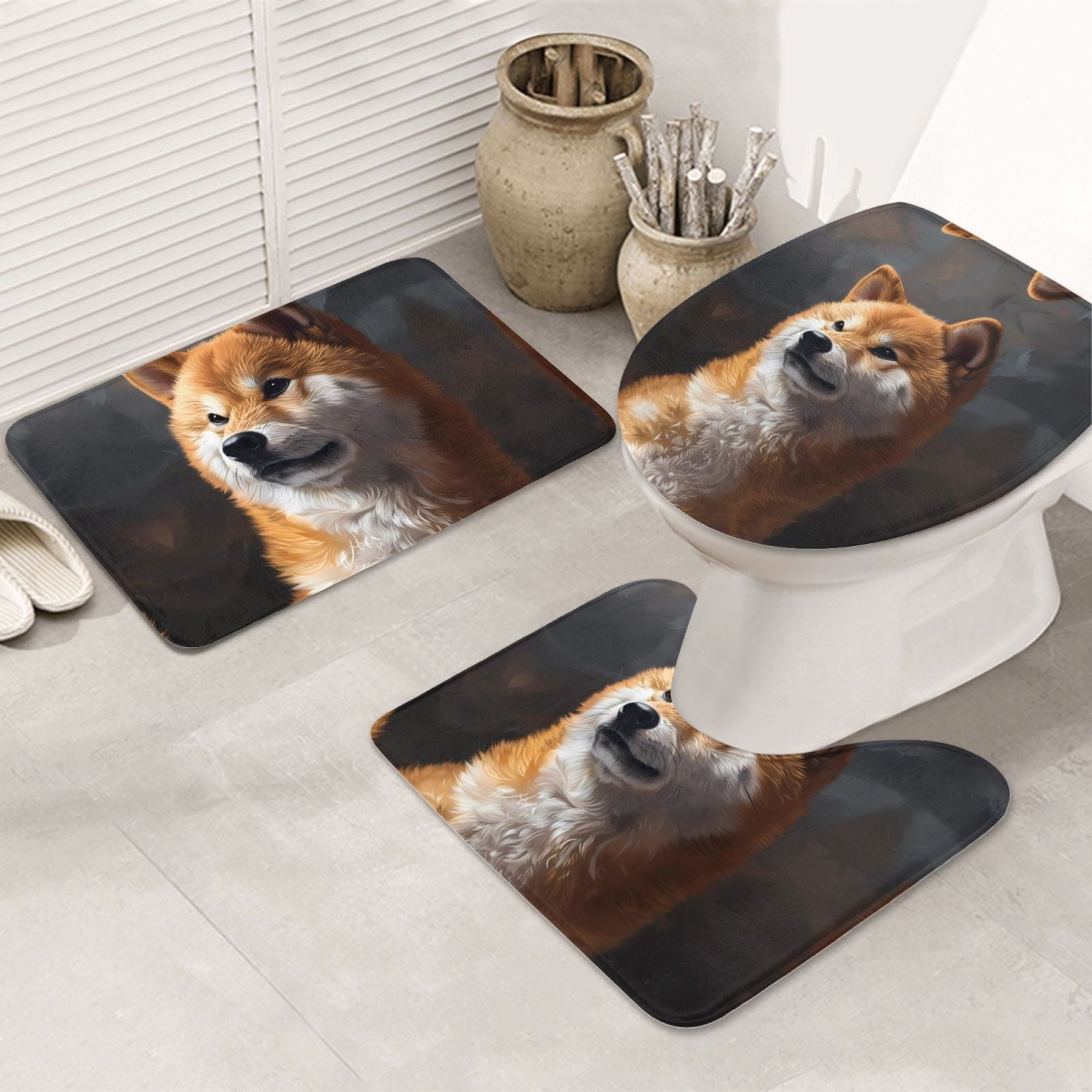 Bathroom Rugs Set 3 Piece - Regal Shiba Inu, Non-Slip Bath Mats, Toilet ...