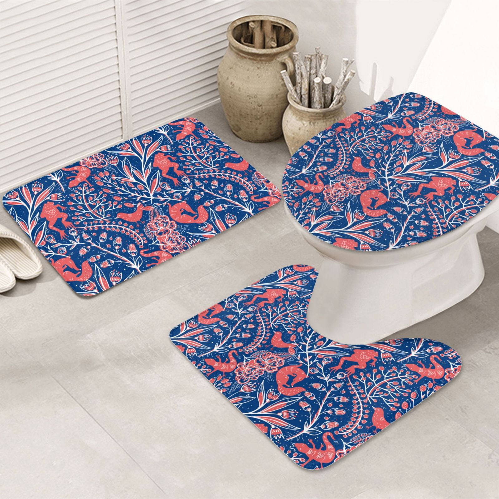 Bathroom Rugs Set 3 Piece - Retro plants forest animals, Non-Slip Bath ...
