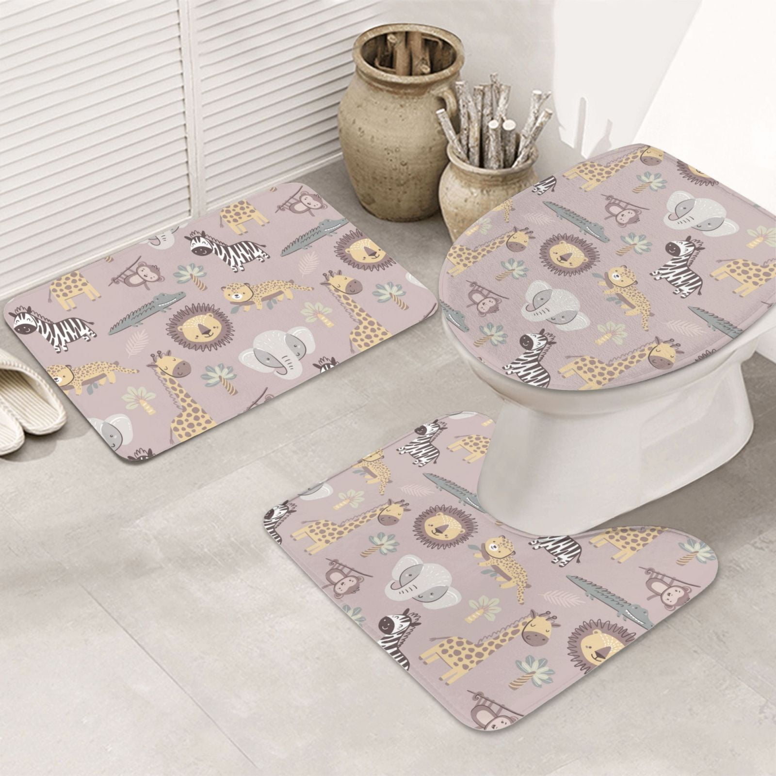 Bathroom Rugs Set 3 Piece - Safari Animals, Non-Slip Bath Mats, Toilet ...