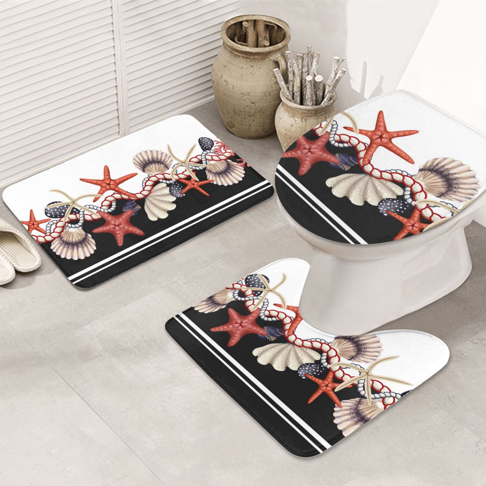 Bathroom Rugs Set 3 Piece - Starfishes Shells, Non-Slip Bath Mats ...