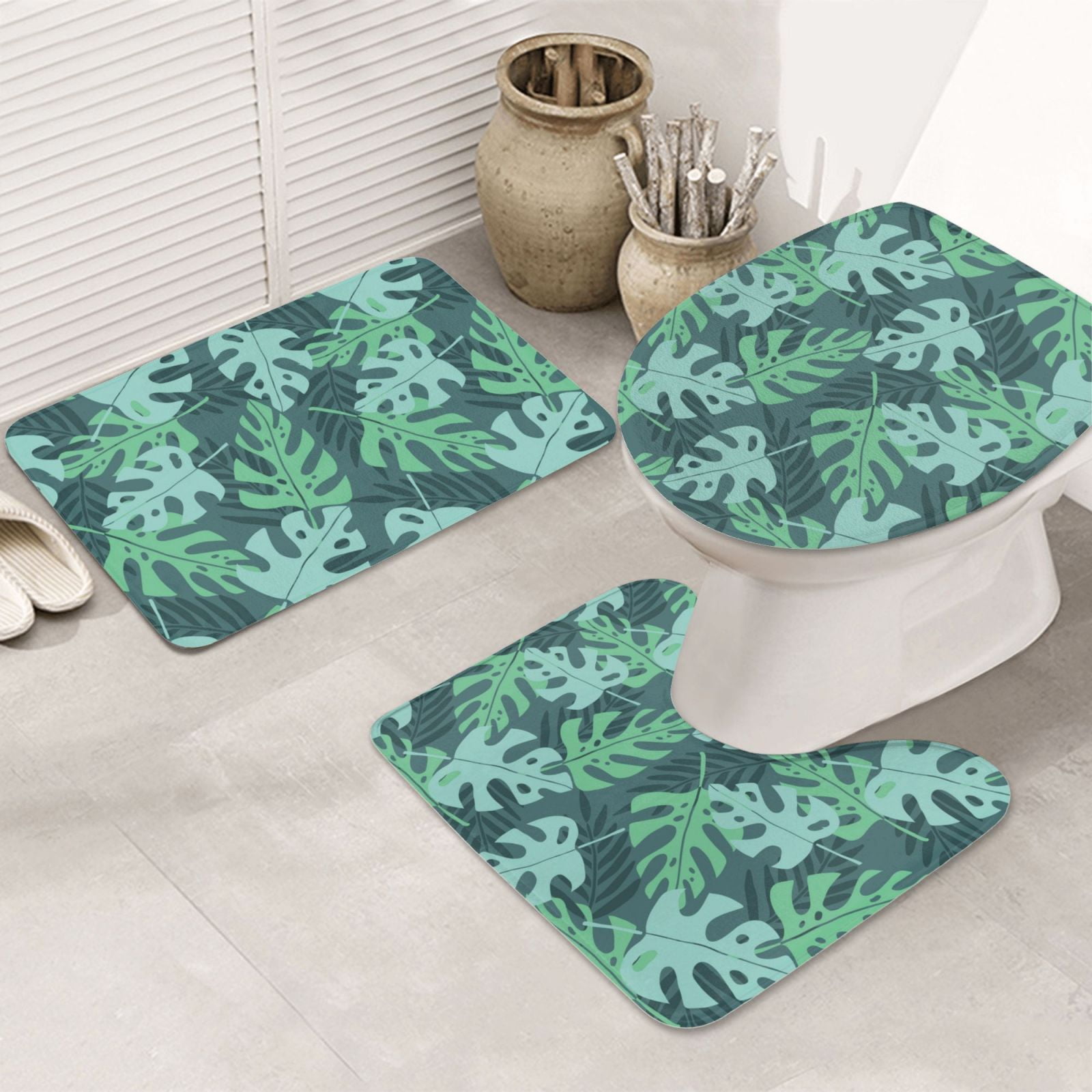 Bathroom Rugs Set 3 Piece - Tropical Green Leaf, Non-Slip Bath Mats ...