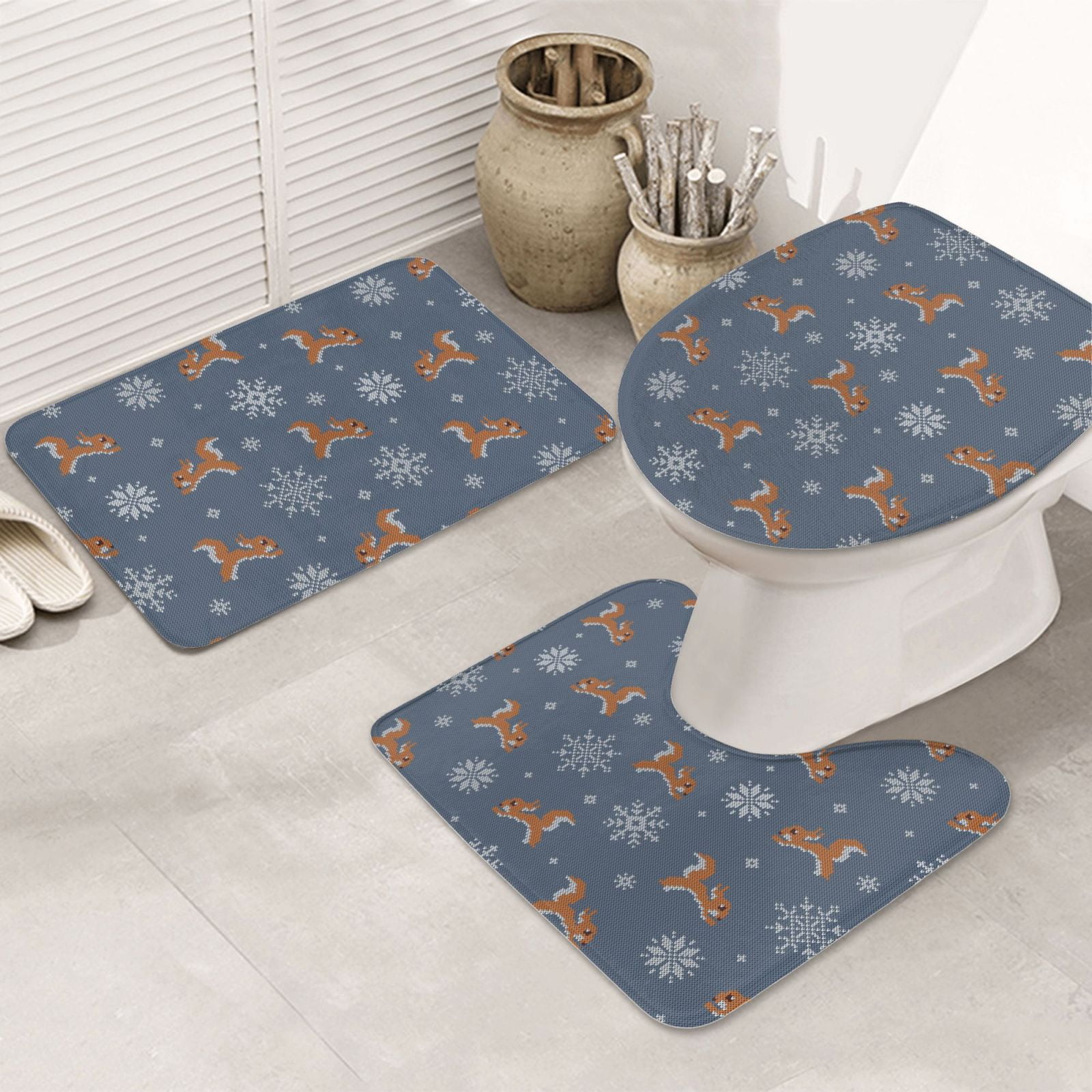 Bathroom Rugs Set 3 Piece - Weaving Cute Squirrel Snowflake, Non-Slip ...