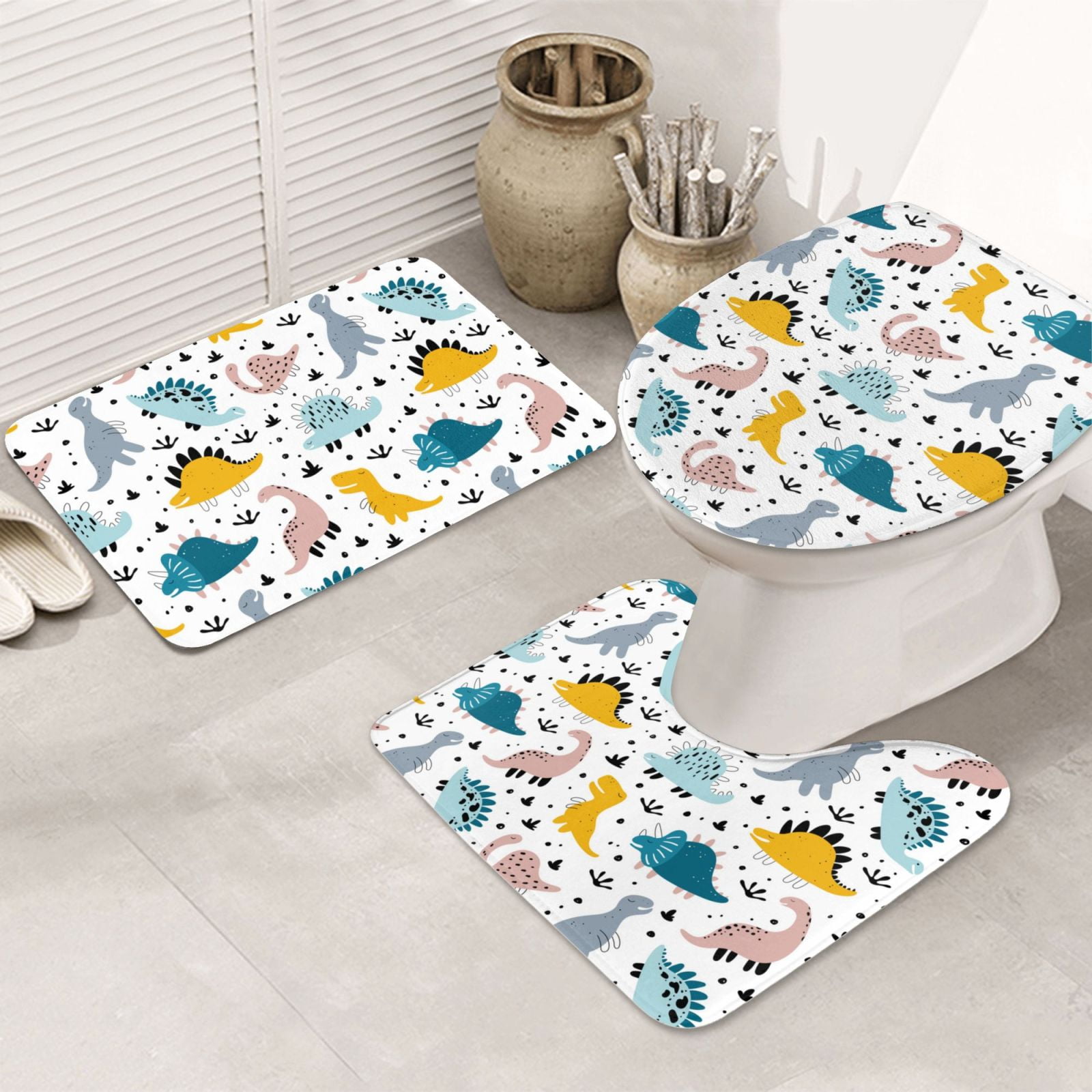 Bathroom Rugs Set 3 Piece - cute Dinosaur print, Non-Slip Bath Mats ...