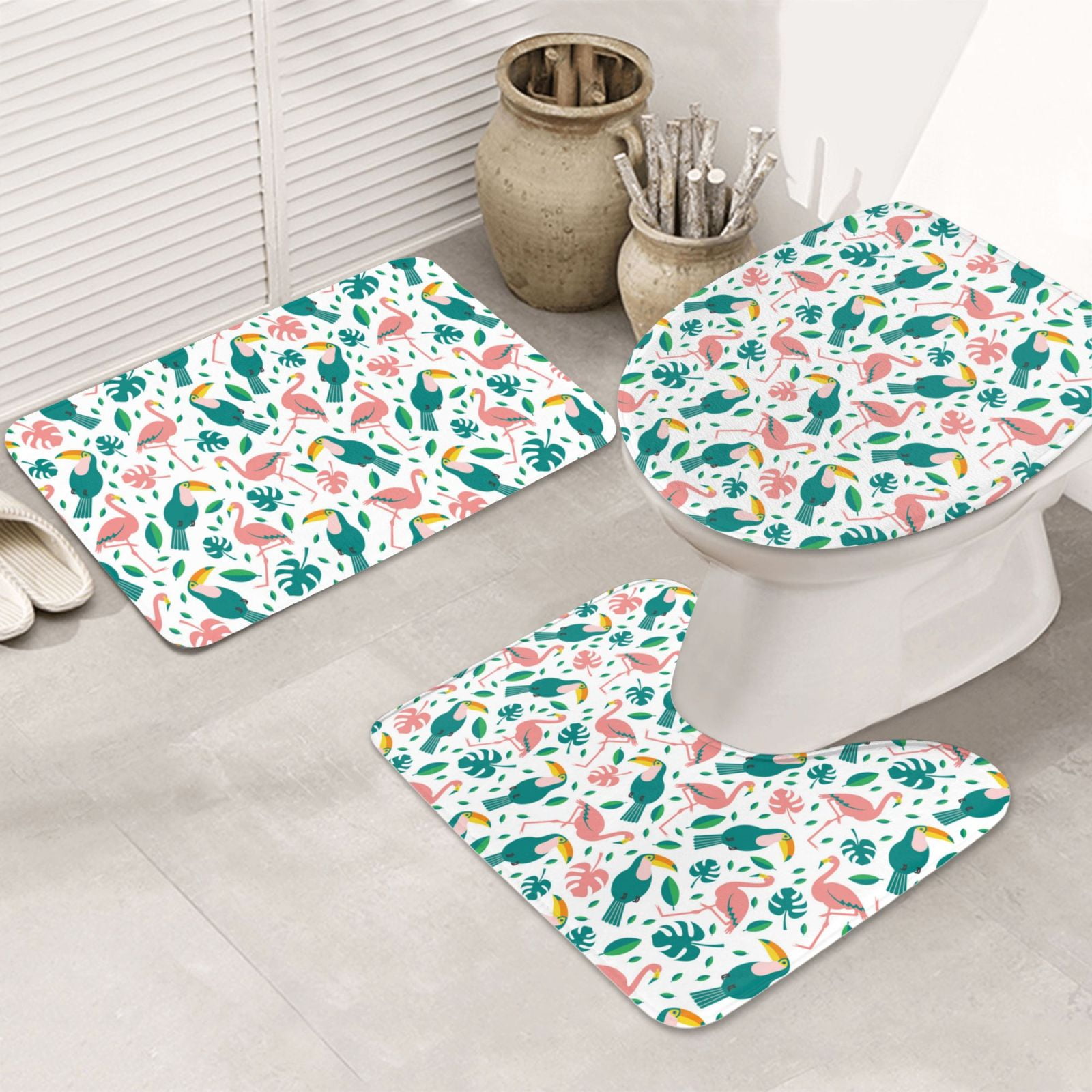 Bathroom Rugs Set 3 Piece - parrot flamingo, Non-Slip Bath Mats, Toilet ...