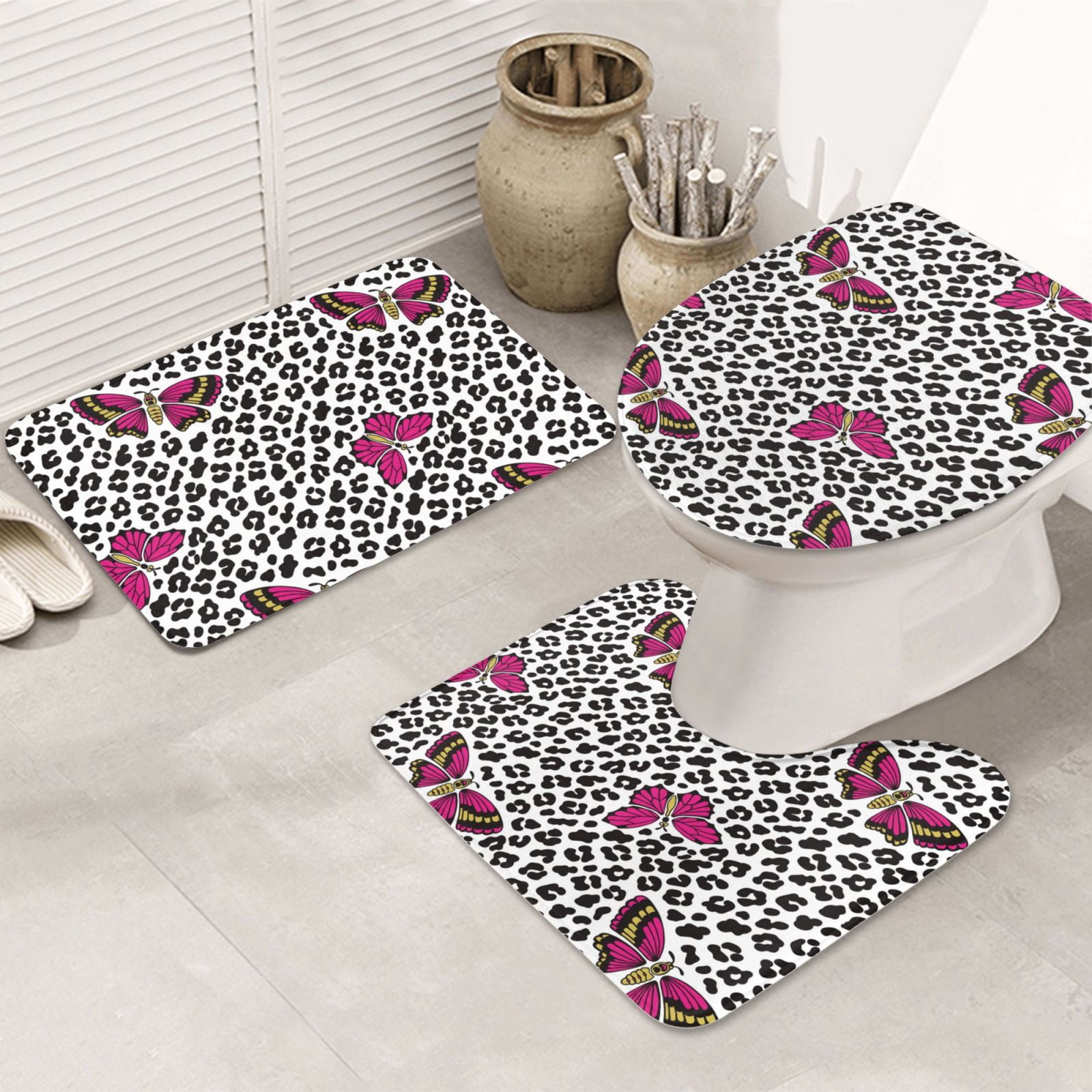 Bathroom Rugs Set 3 Piece - pink butterfly Leopard print, Non-Slip Bath ...