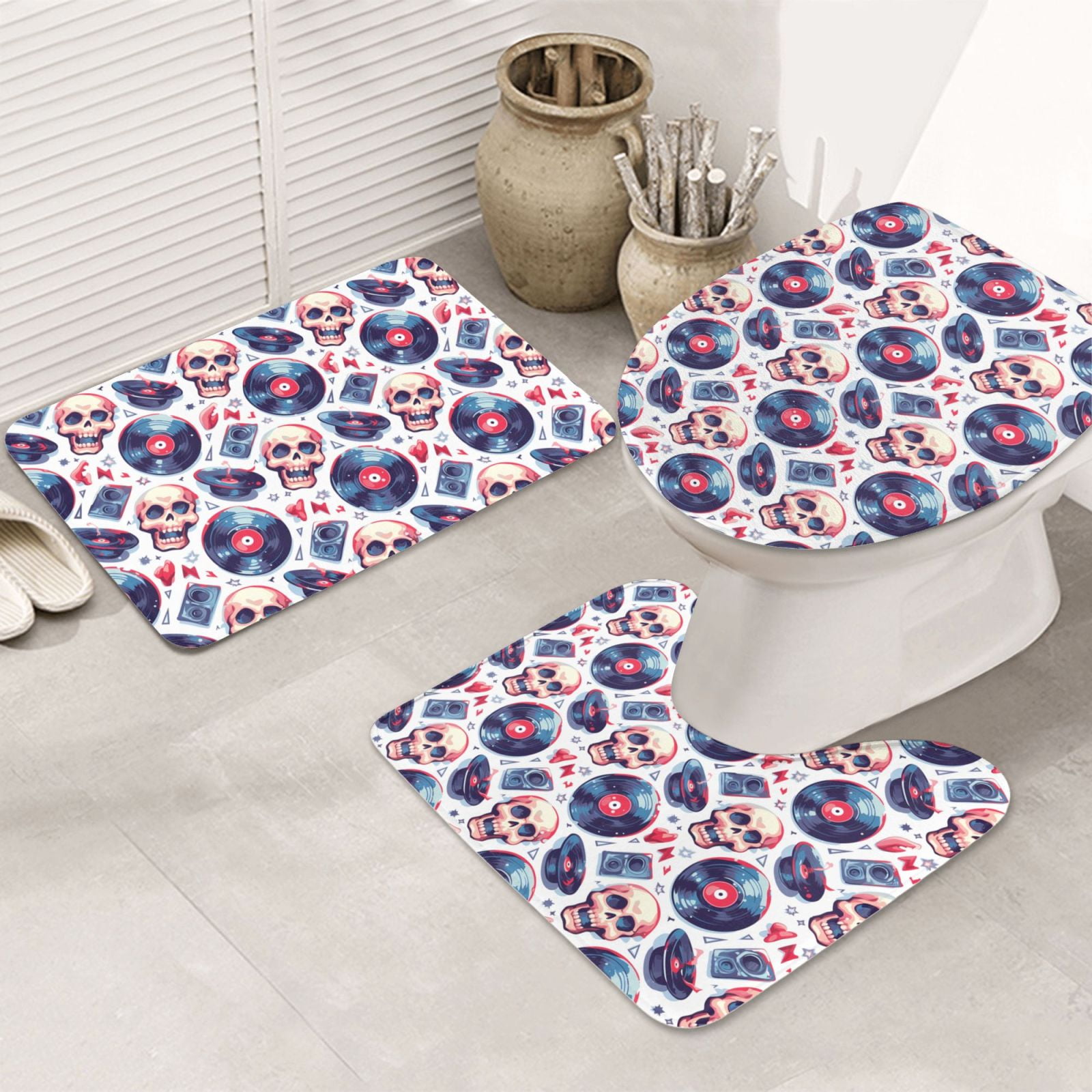 Bathroom Rugs Set 3 Piece - record rock music Skull, Non-Slip Bath Mats ...