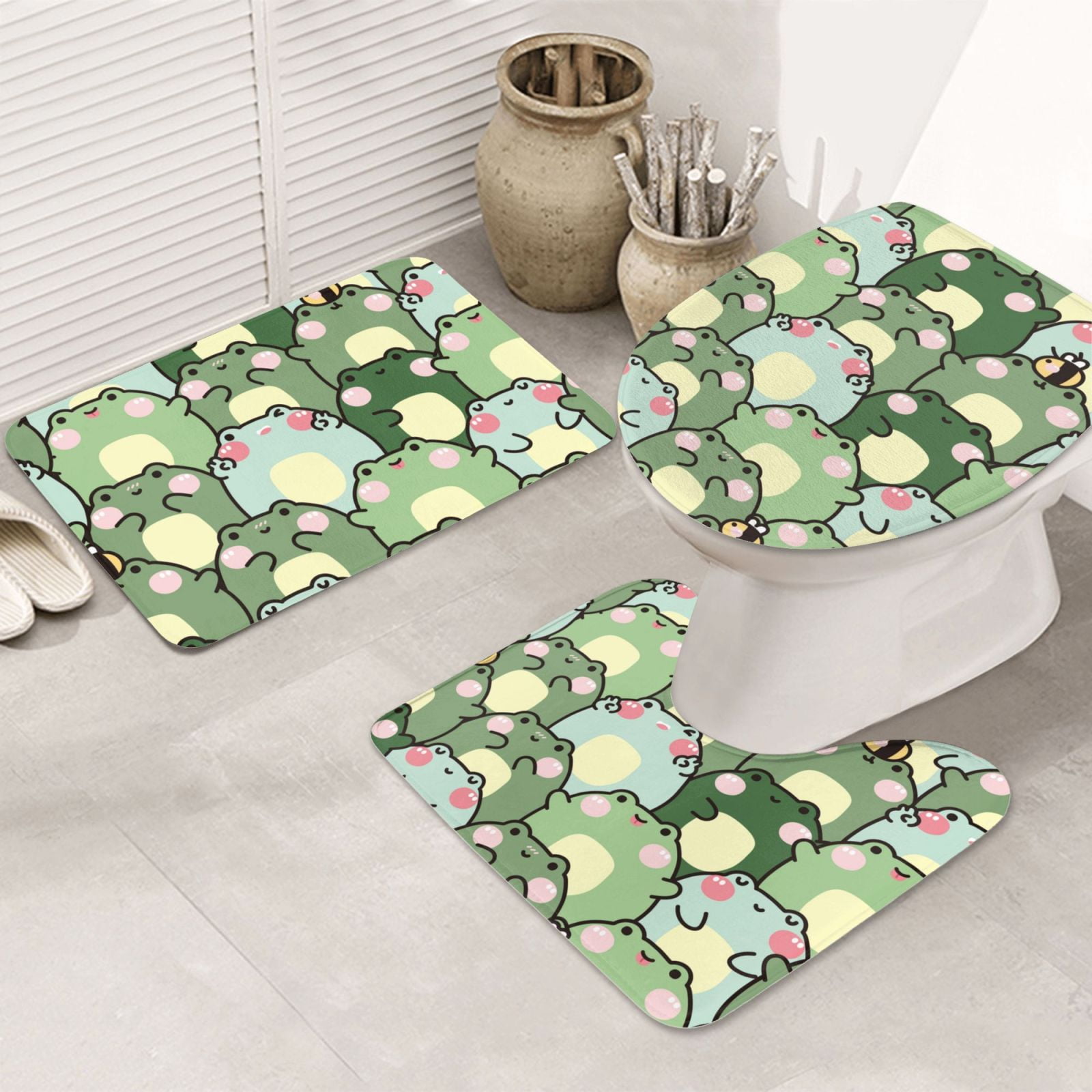 Bathroom Rugs Set 3 Piece - shy frog, Non-Slip Bath Mats, Toilet Lid ...