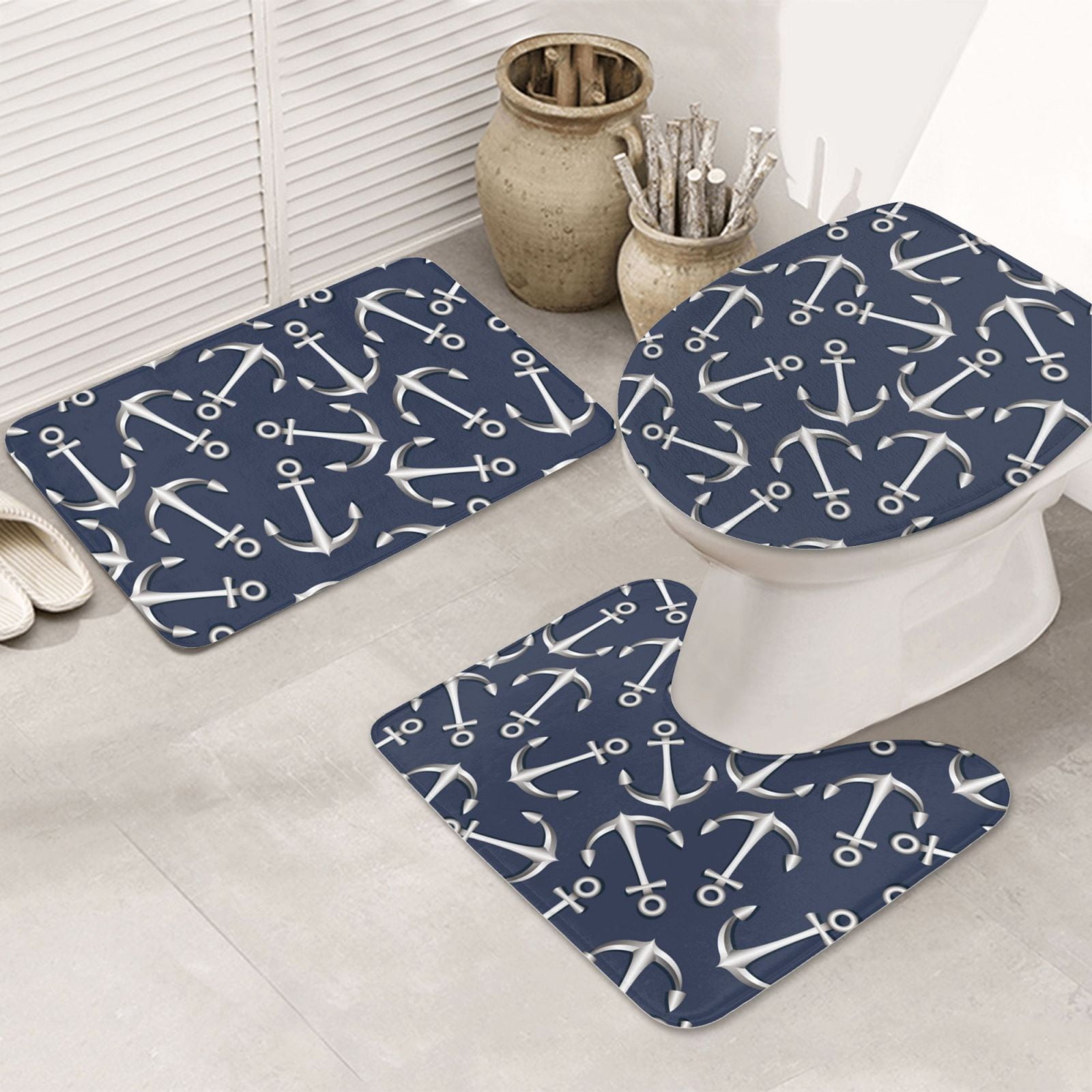 Bathroom Rugs Set 3 Piece - silver anchor navyblue, Non-Slip Bath Mats ...