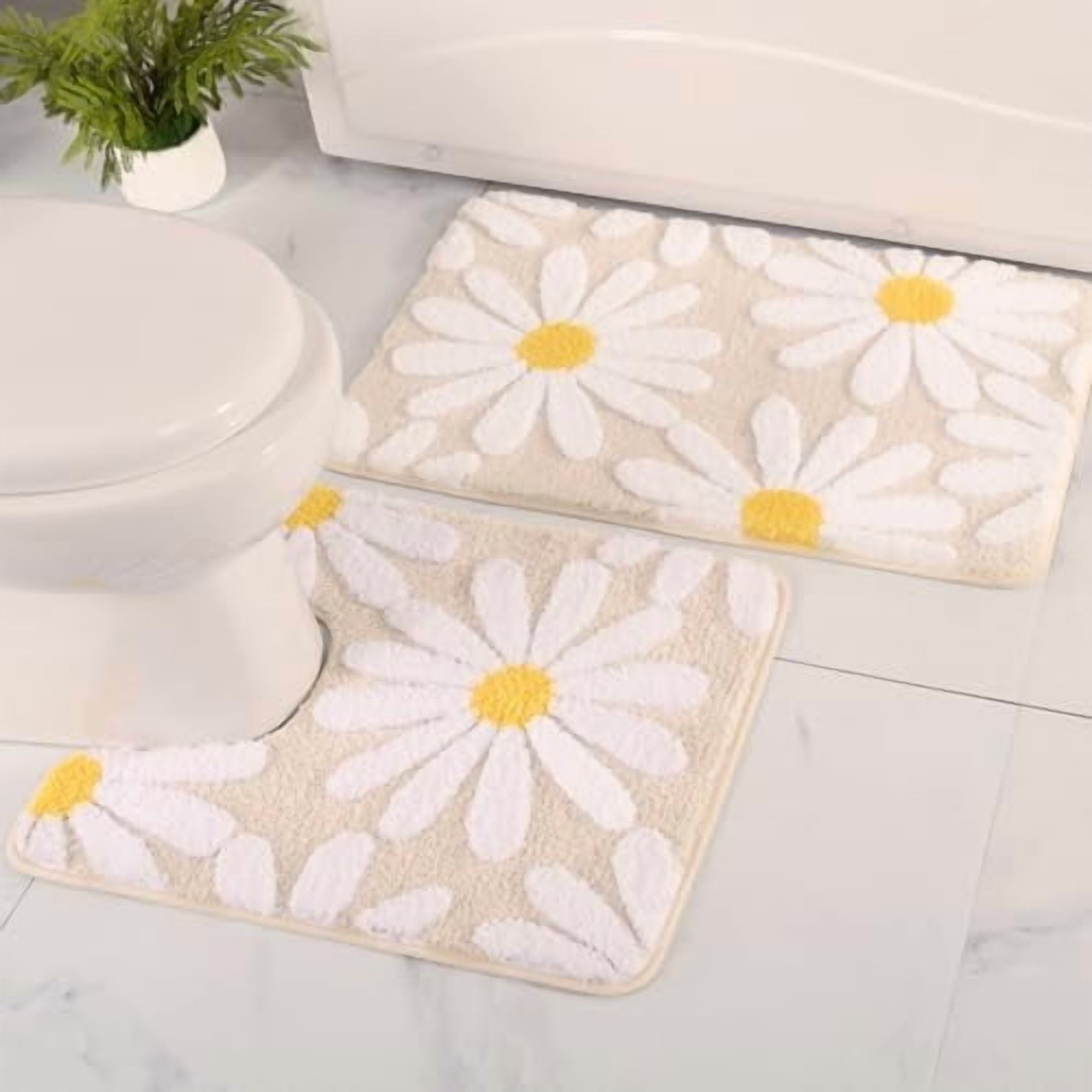 Bathroom Rugs Sets 2 Piece, Cute Daisy Bath Mat Beige Toilet Rug U ...