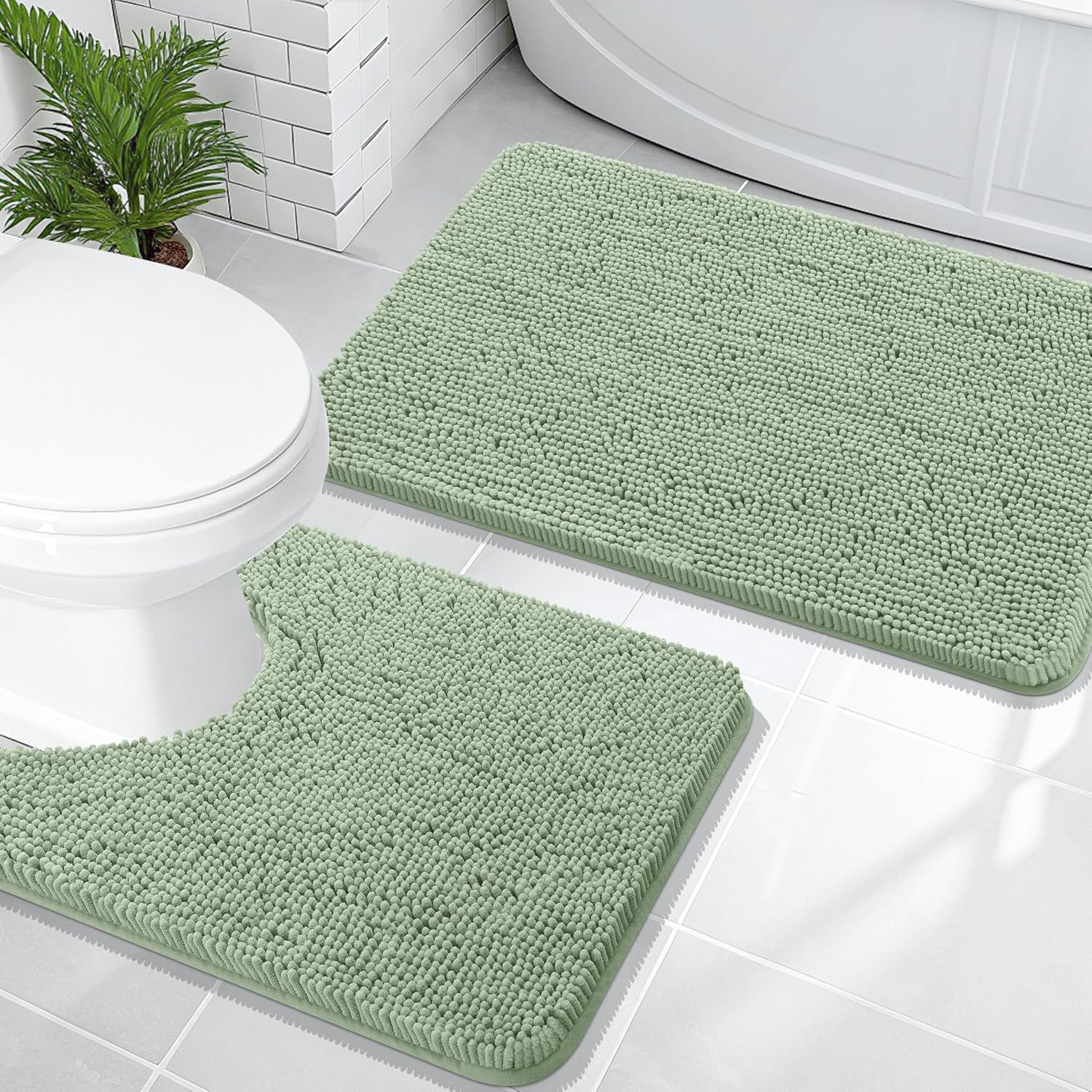 Bathroom Rugs Sets 2 Piece, Soft Absorbent Chenille Bath Mats and U-Shaped Contour Toilet Mat ...
