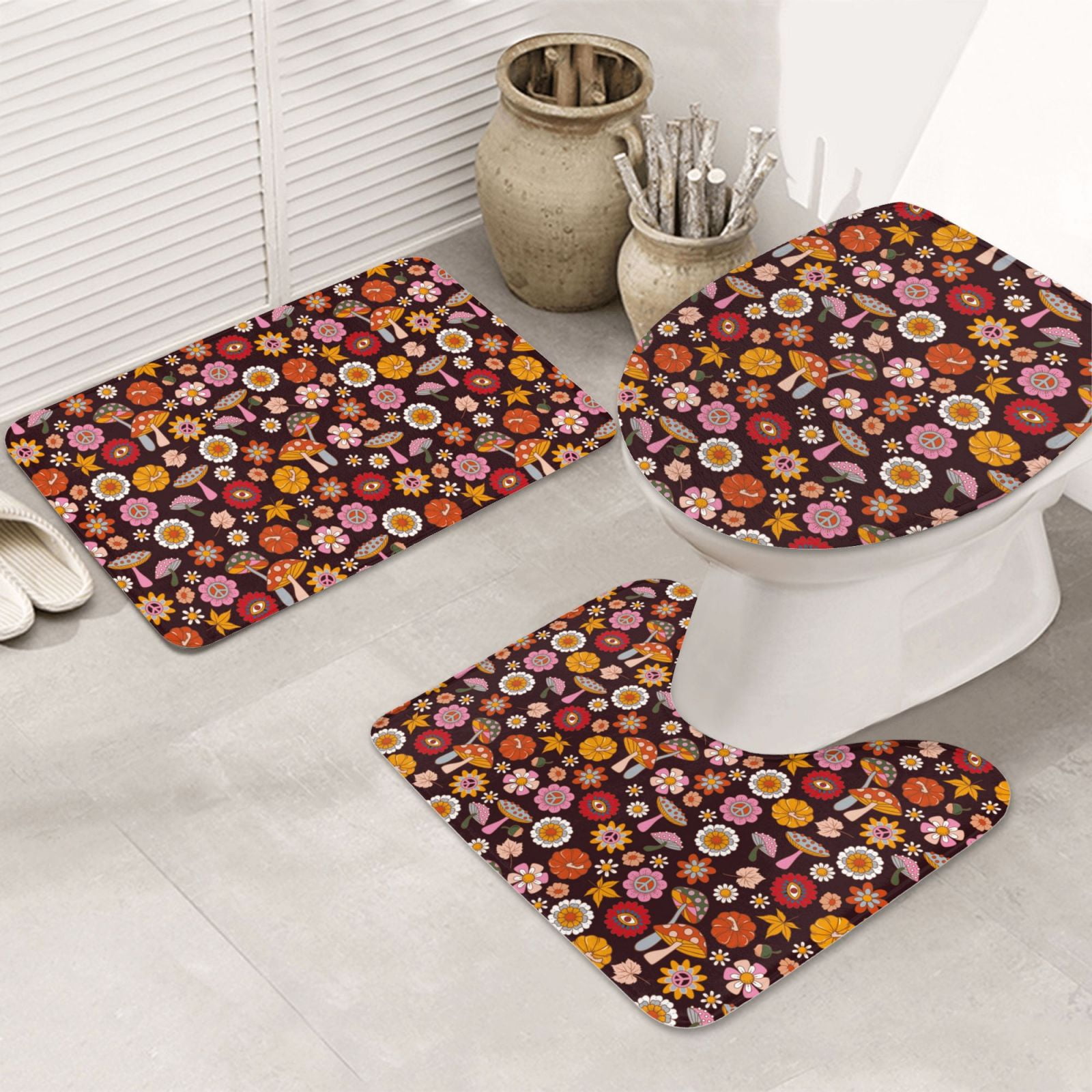Bathroom Rugs Sets 3 Piece - 70s Groovy Hippie Retro Non Slip Washable ...