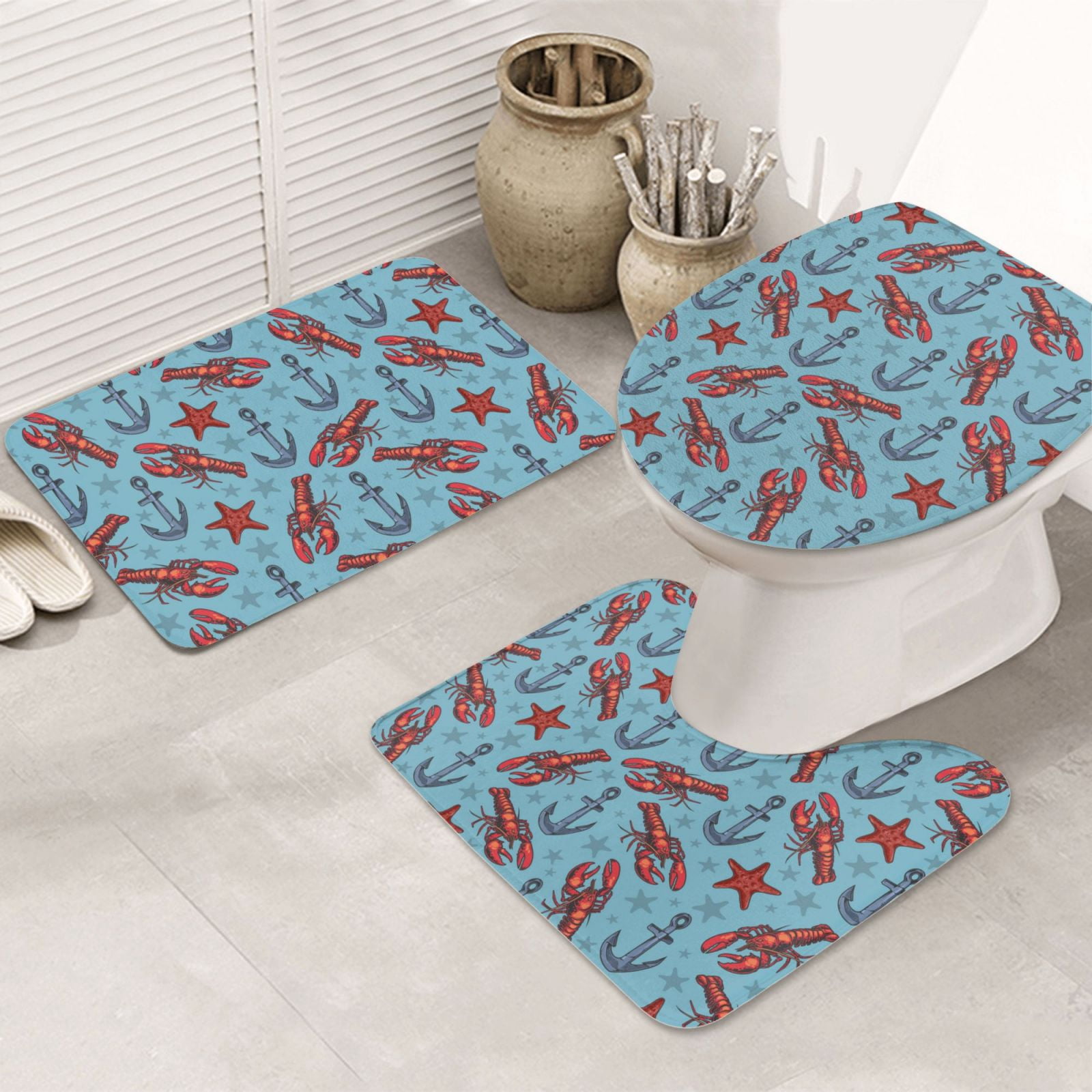 Bathroom Rugs Sets 3 Piece - Anchored Starfish Shrimp Absorbent Non ...