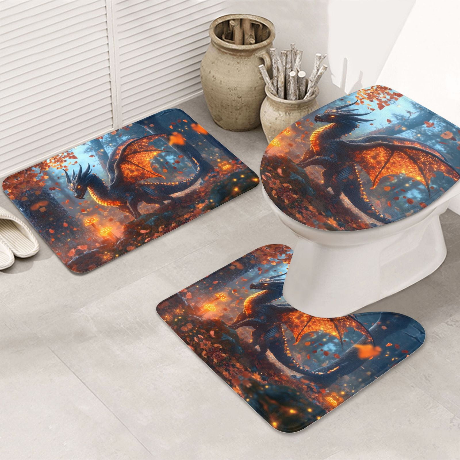 Bathroom Rugs Sets 3 Piece Autumn Maple Leaf Fire Dragon Soft Non Slip ...
