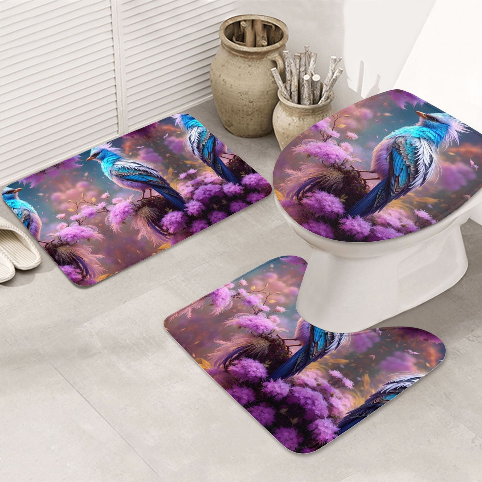 Bathroom Rugs Sets 3 Piece - Beautiful Pink Flower Blue Bird Non Slip ...