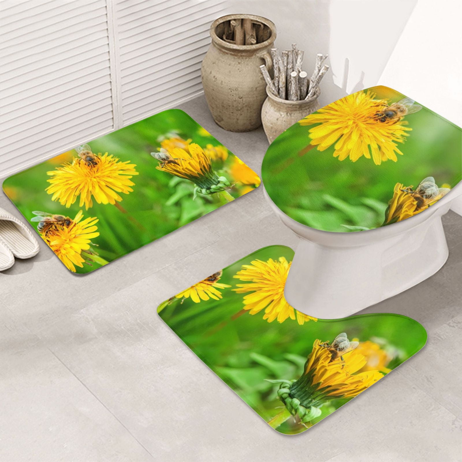 Bathroom Rugs Sets 3 Piece - Bees Pollinates A Yellow Dandelion ...