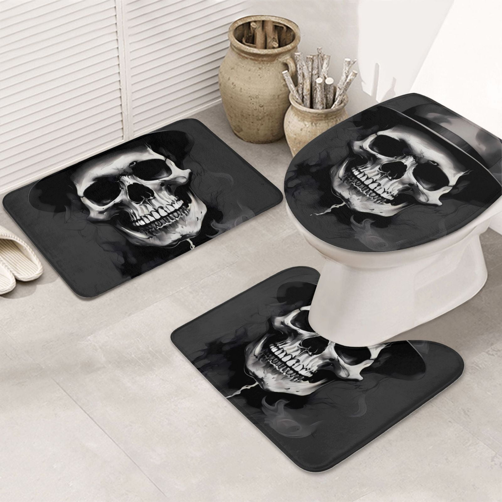 Bathroom Rugs Sets 3 Piece Black White Hat Skull Soft Non Slip Bathroom ...
