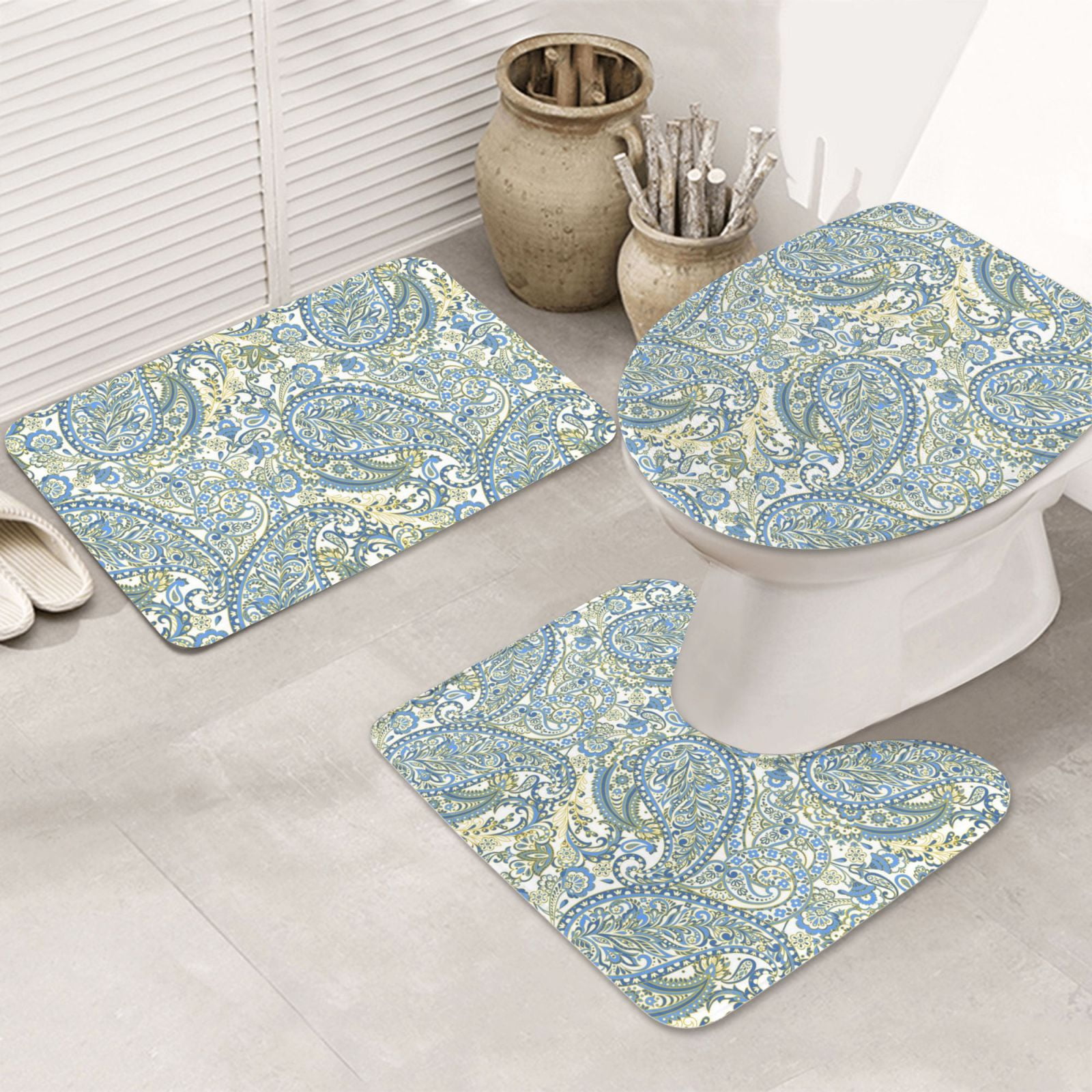 Bathroom Rugs Sets 3 Piece - Blue Green Paisley Non Slip Washable Bath ...