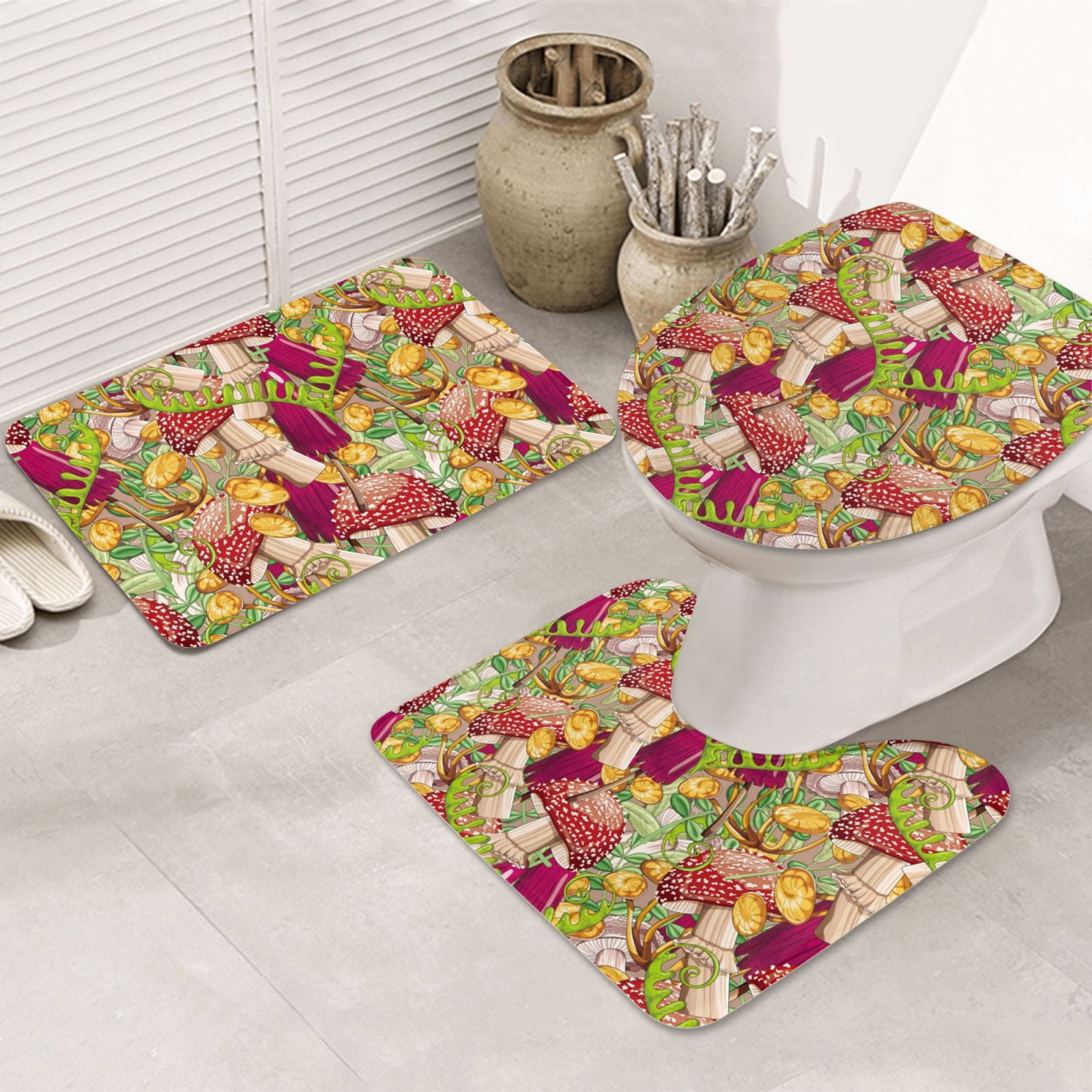 Bathroom Rugs Sets 3 Piece - Bright Mushrooms print Non Slip Washable ...