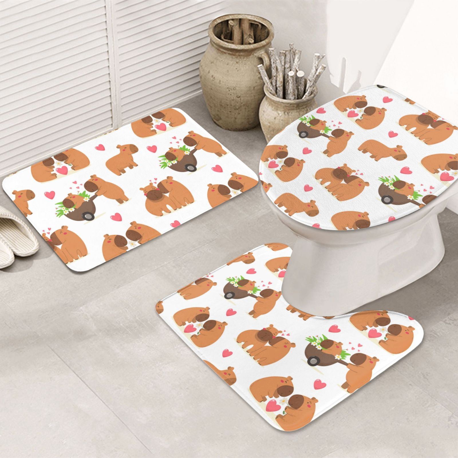 Bathroom Rugs Sets 3 Piece - Capybaras Valentine's Day Absorbent Non ...