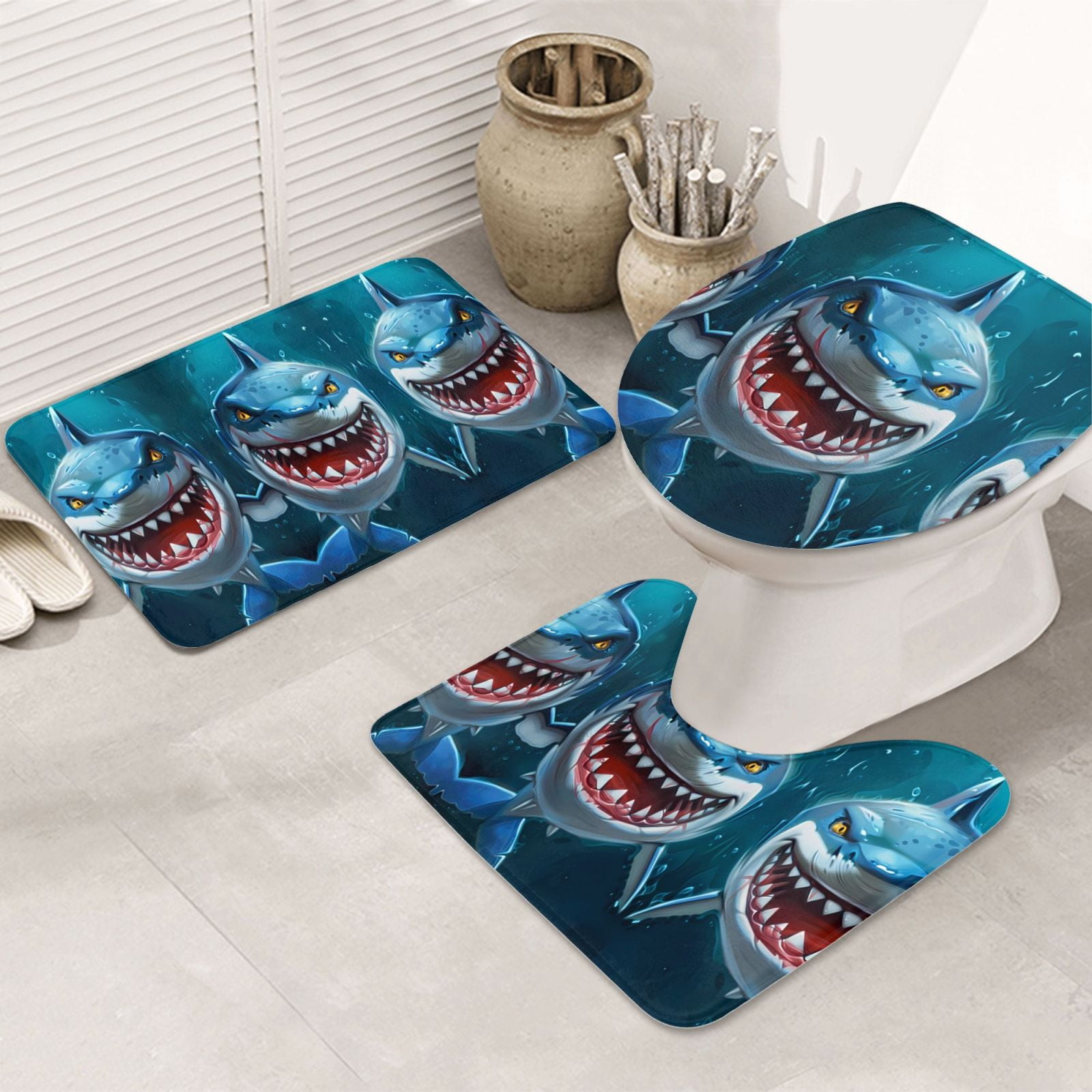 Bathroom Rugs Sets 3 Piece Cartoon Cute Shark Soft Non Slip Bathroom ...