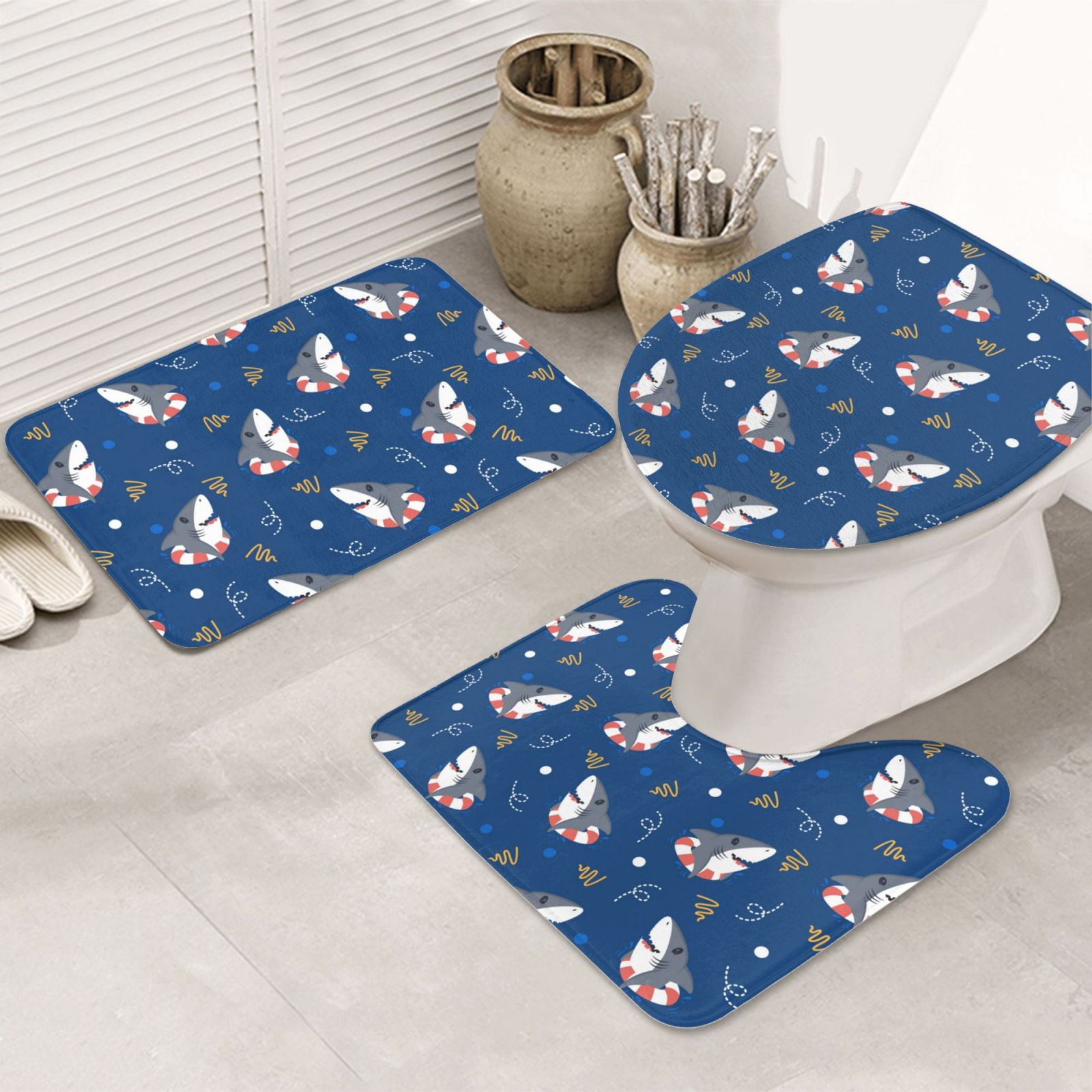 Bathroom Rugs Sets 3 Piece - Cartoon Cute Shark Swim Ring Non Slip ...
