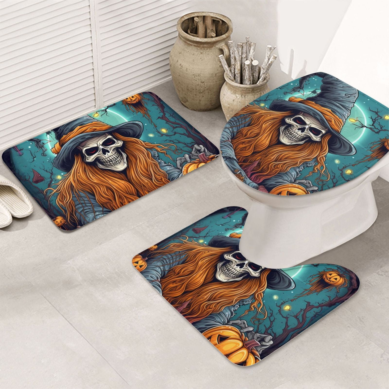 Bathroom Rugs Sets 3 Piece, Cartoon Pumpkin Skull Bath Mats for ...