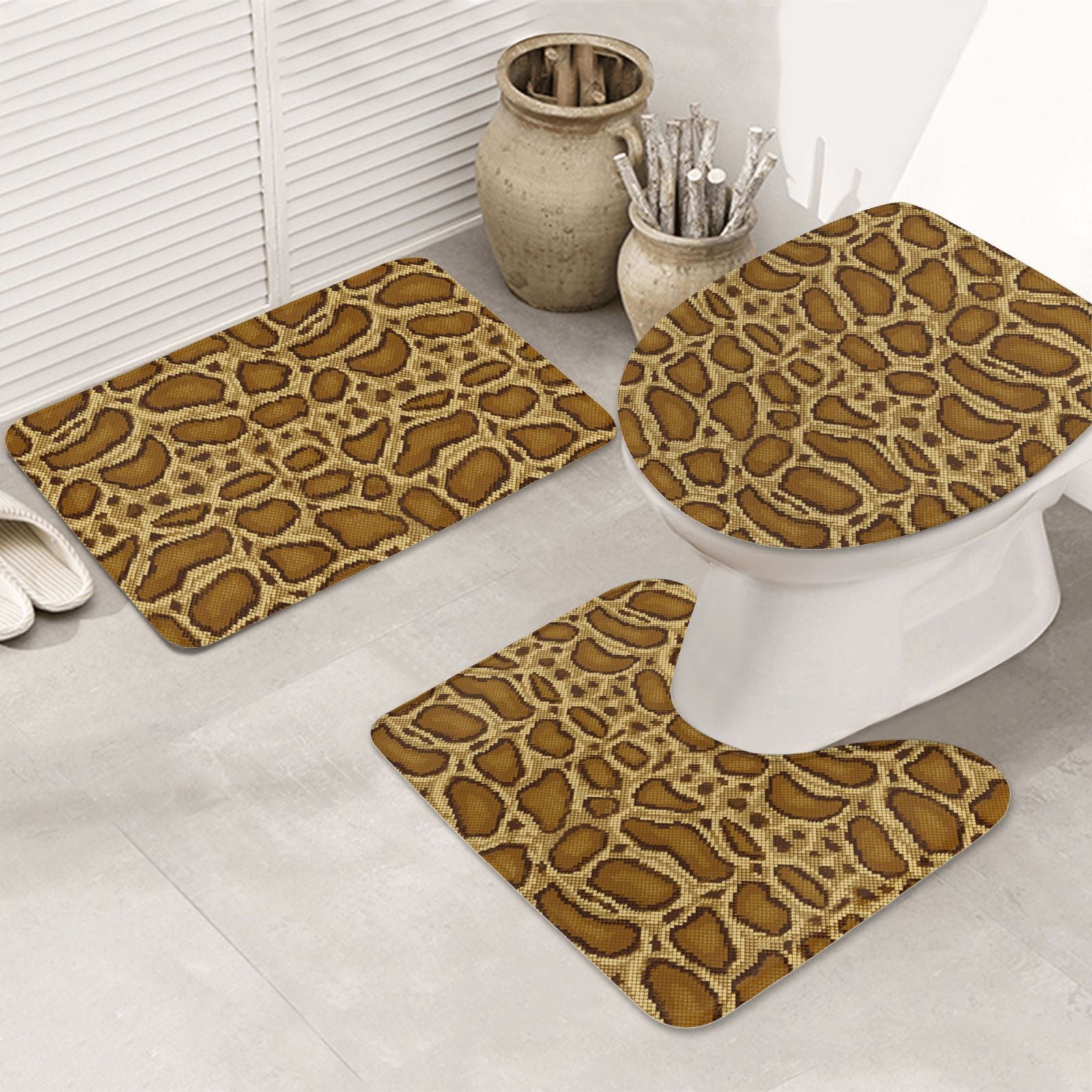 Bathroom Rugs Sets 3 Piece - Classic Snake Print Gold Non Slip Washable ...