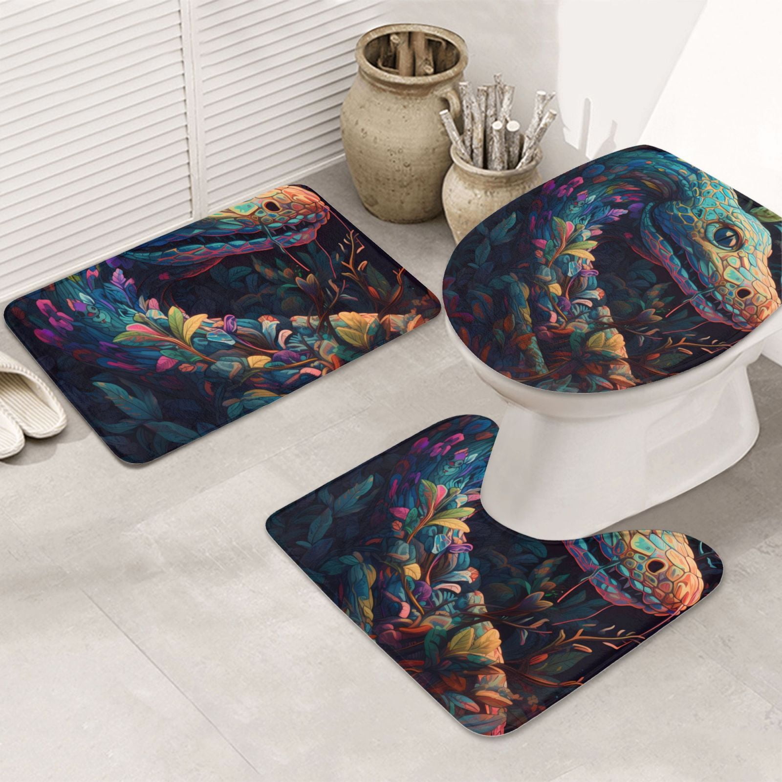 Bathroom Rugs Sets 3 Piece - Colorful Patterned Snake Absorbent Non ...