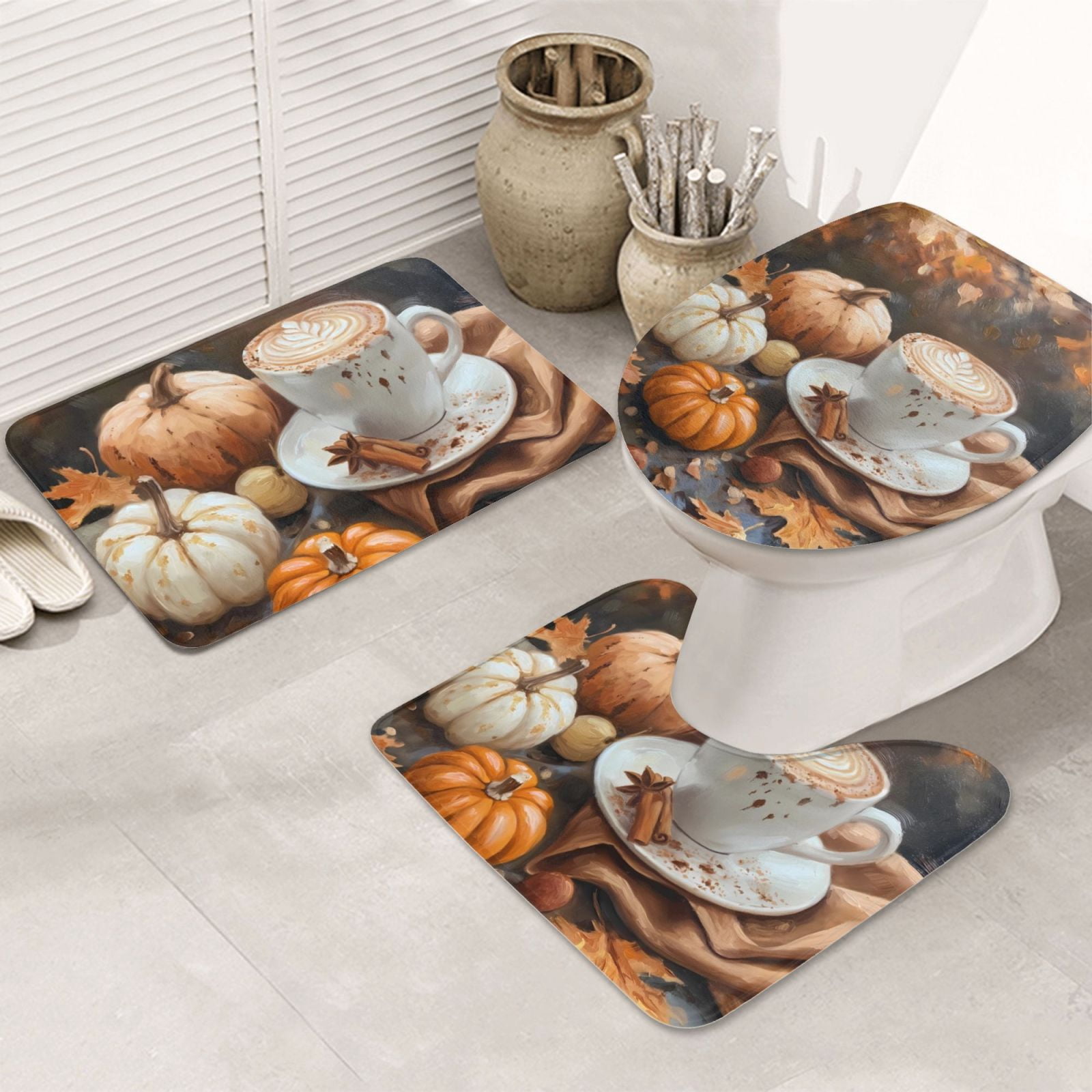 Bathroom Rugs Sets 3 Piece - Cozy Pumpkin Spice Latte Absorbent Non ...