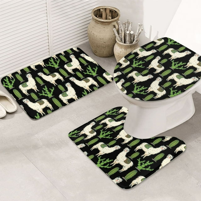 Bathroom Rugs Sets 3 Piece - Cute Alpaca Cactus Green Absorbent Non ...