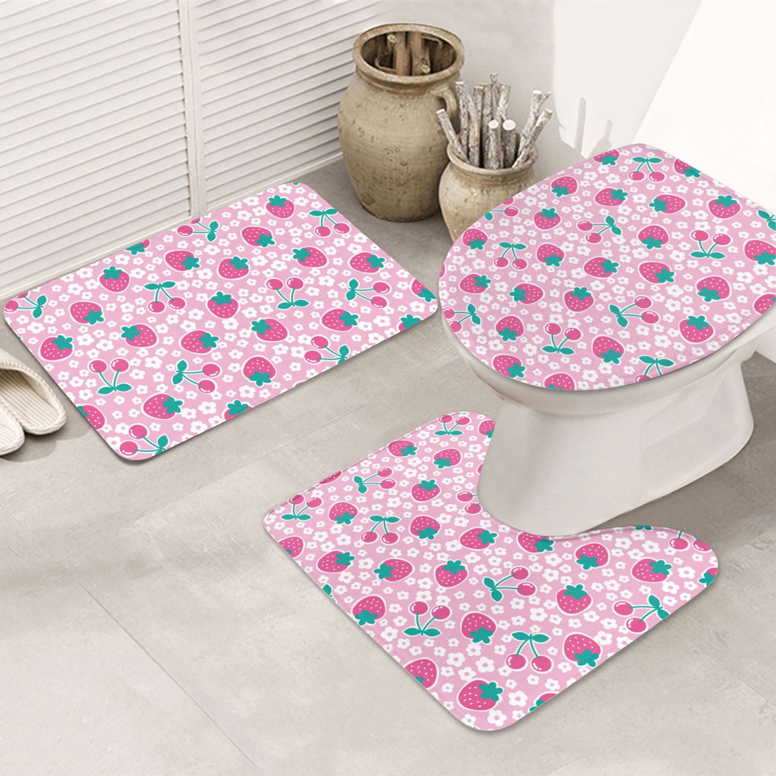 Bathroom Rugs Sets 3 Piece Cute Berry Strawberry Flower Soft Non Slip ...