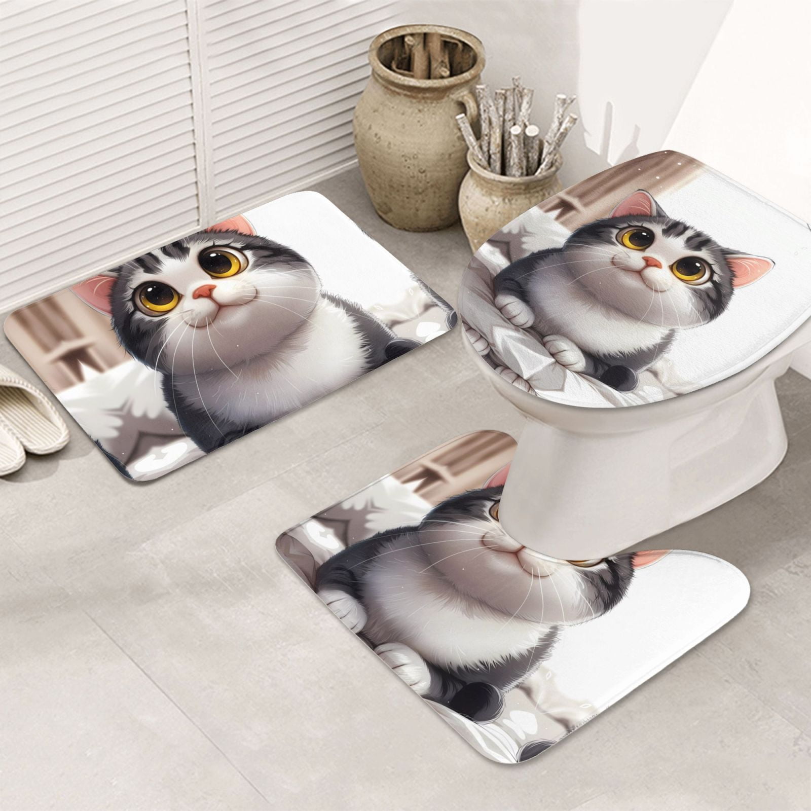 Bathroom Rugs Sets 3 Piece - Cute Cartoon Kitten Absorbent Non Slip Bath Mats, U-Shape Toilet ...