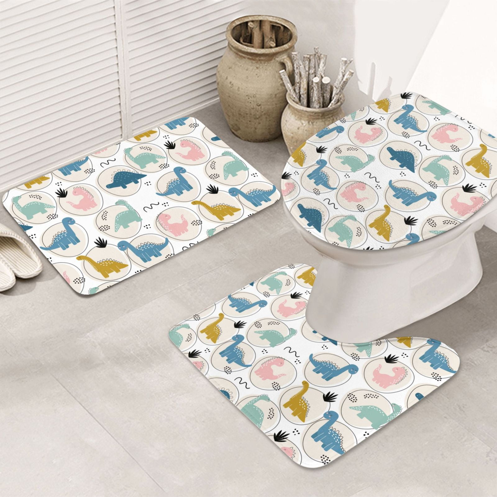 Bathroom Rugs Sets 3 Piece - Cute Dinosaurs (3) Absorbent Non Slip Bath ...