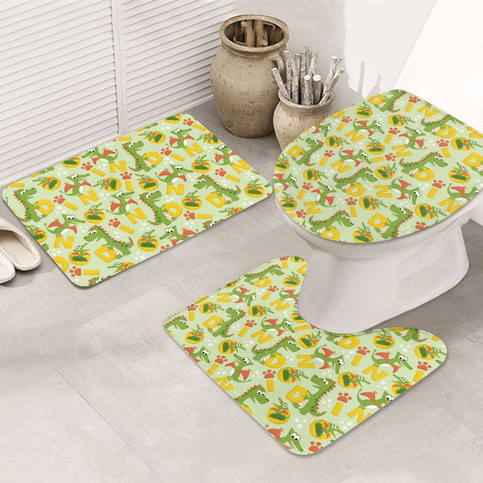 Bathroom Rugs Sets 3 Piece - Cute Dinosaurs Non Slip Washable Bath Mats ...