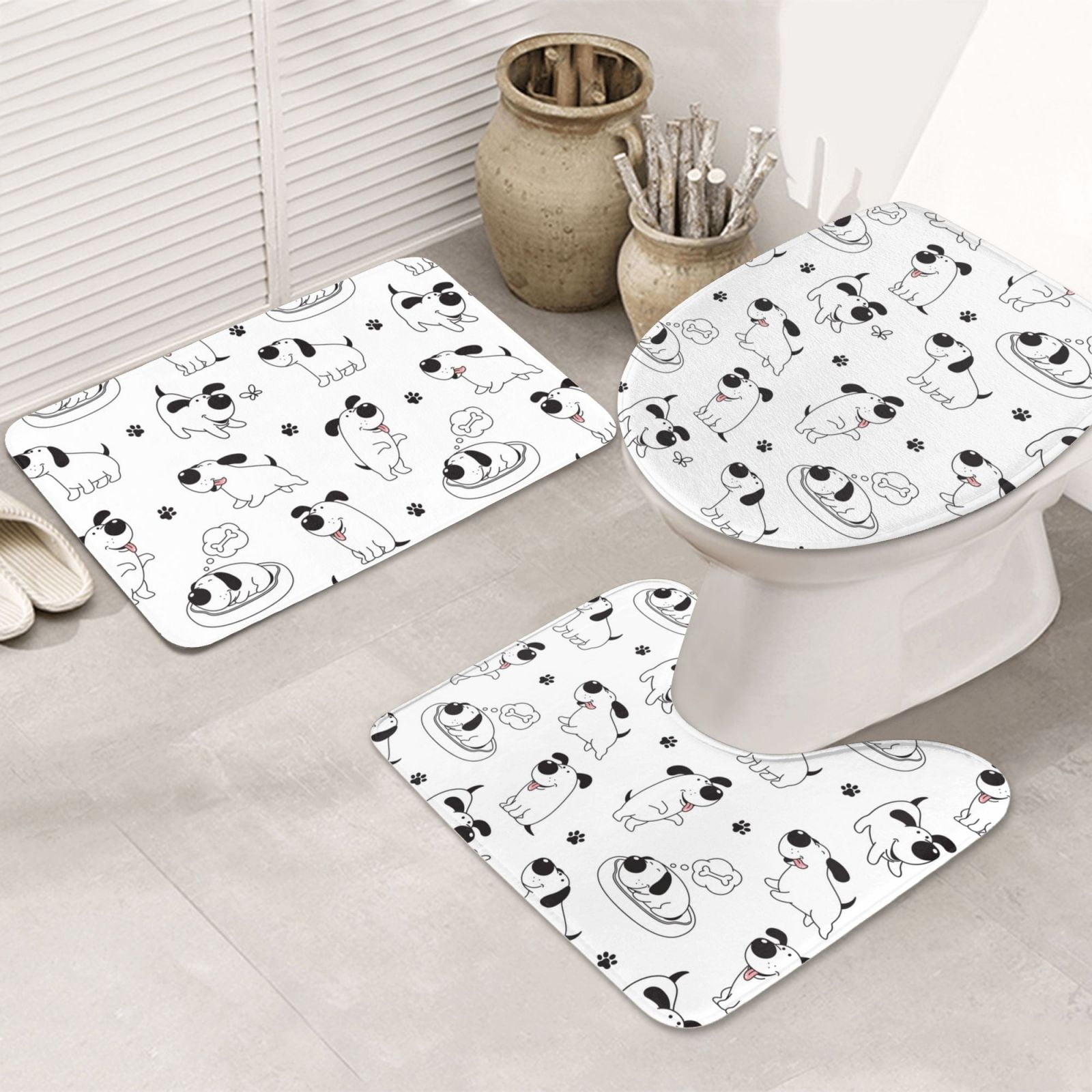 Bathroom Rugs Sets 3 Piece - Cute Dog white Non Slip Washable Bath Mats ...