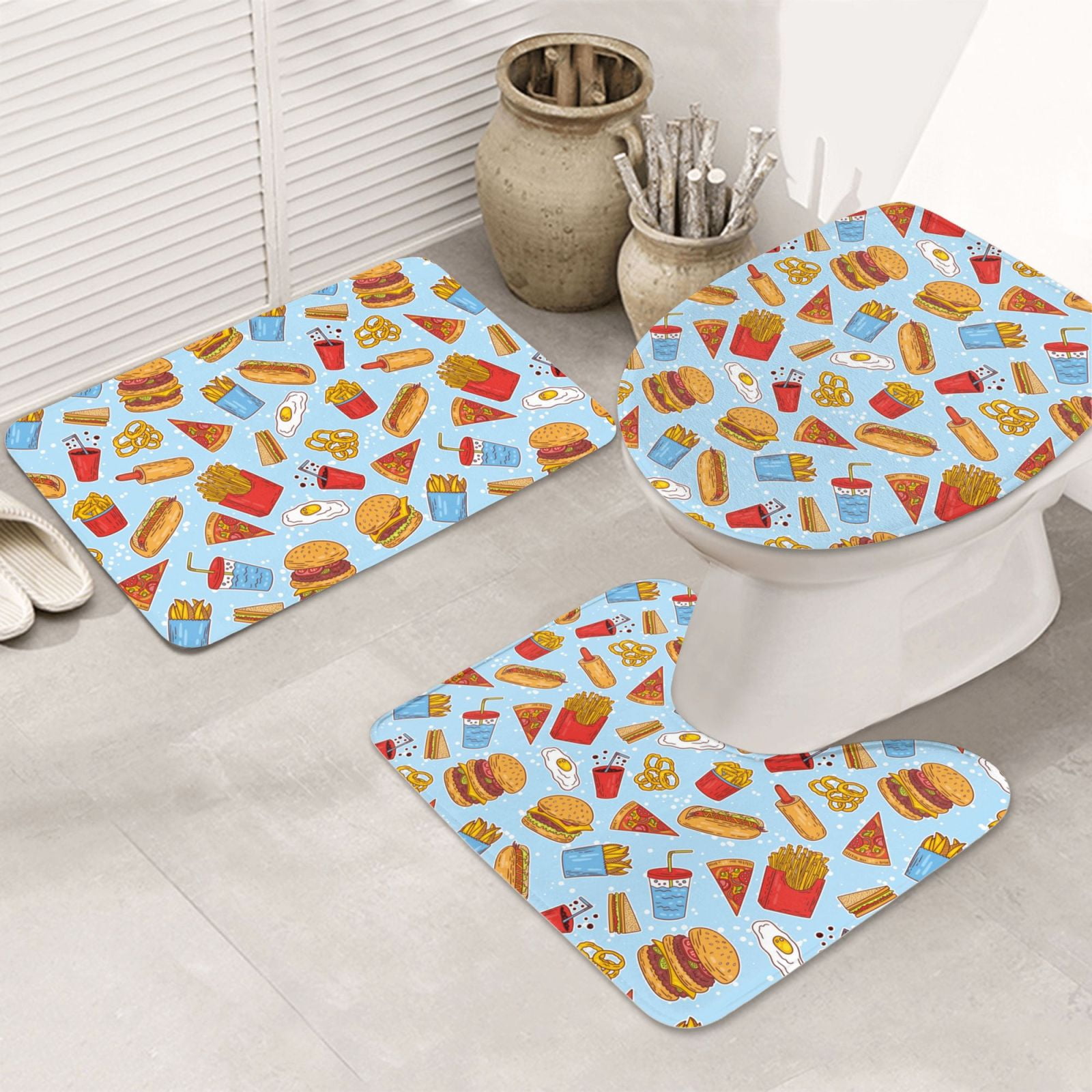 Bathroom Rugs Sets 3 Piece - Cute Food Egg Burger Fries Absorbent Non ...
