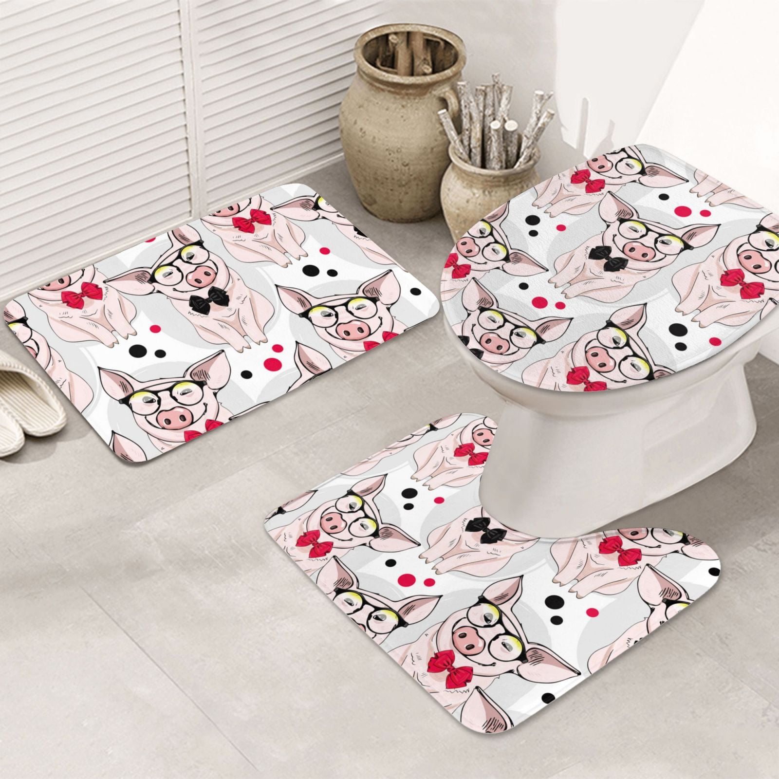 Bathroom Rugs Sets 3 Piece - Cute Glasses Bow Tie Pig Absorbent Non ...