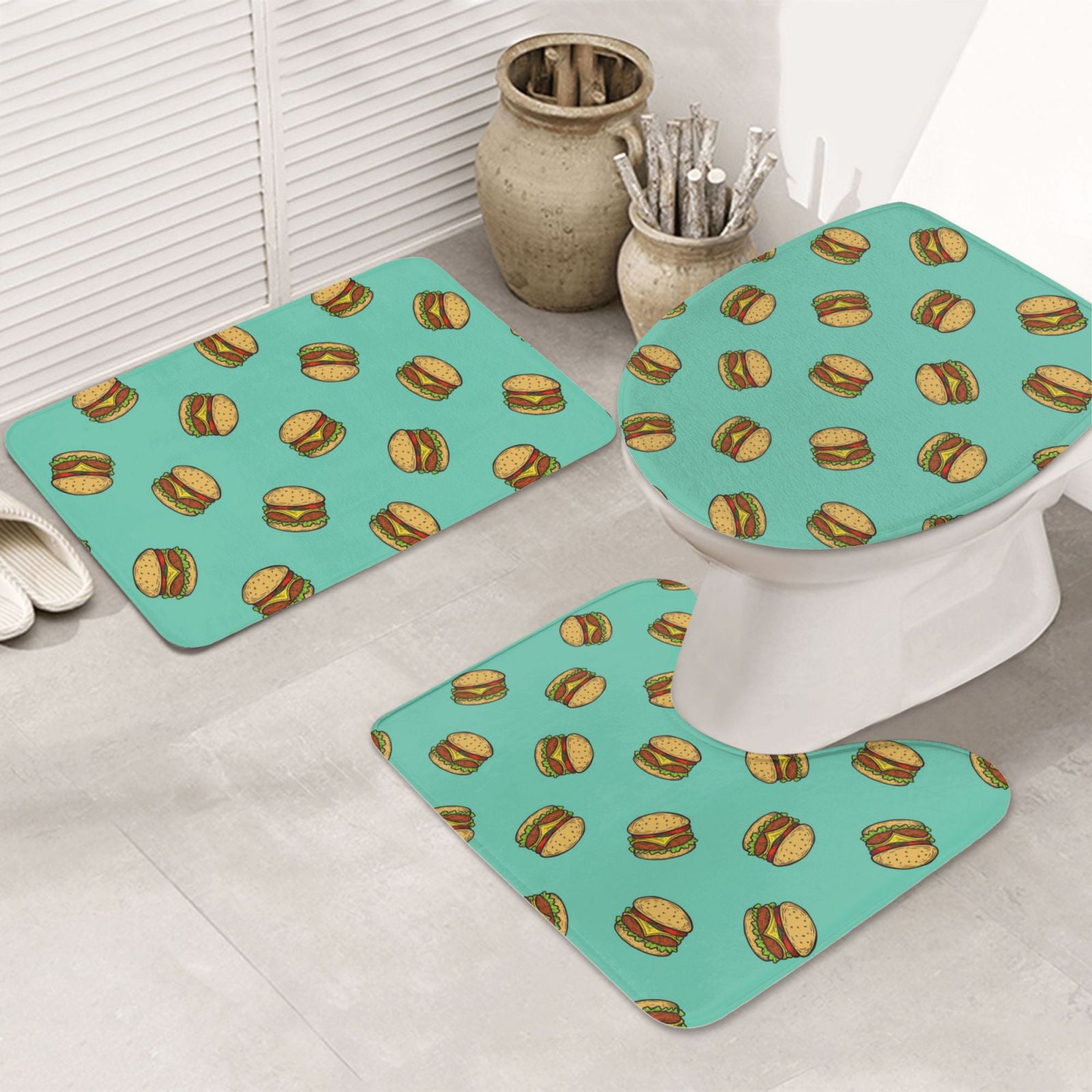Bathroom Rugs Sets 3 Piece - Cute Hamburger Teal Blue Non Slip Washable ...