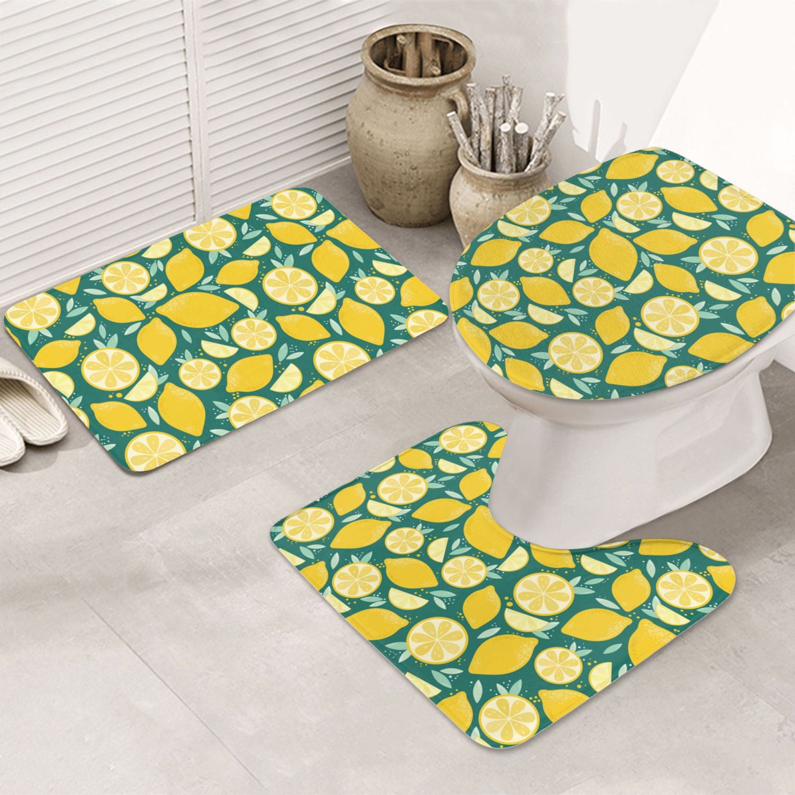Bathroom Rugs Sets 3 Piece Cute Lemon Turquoise Soft Non Slip Bathroom ...